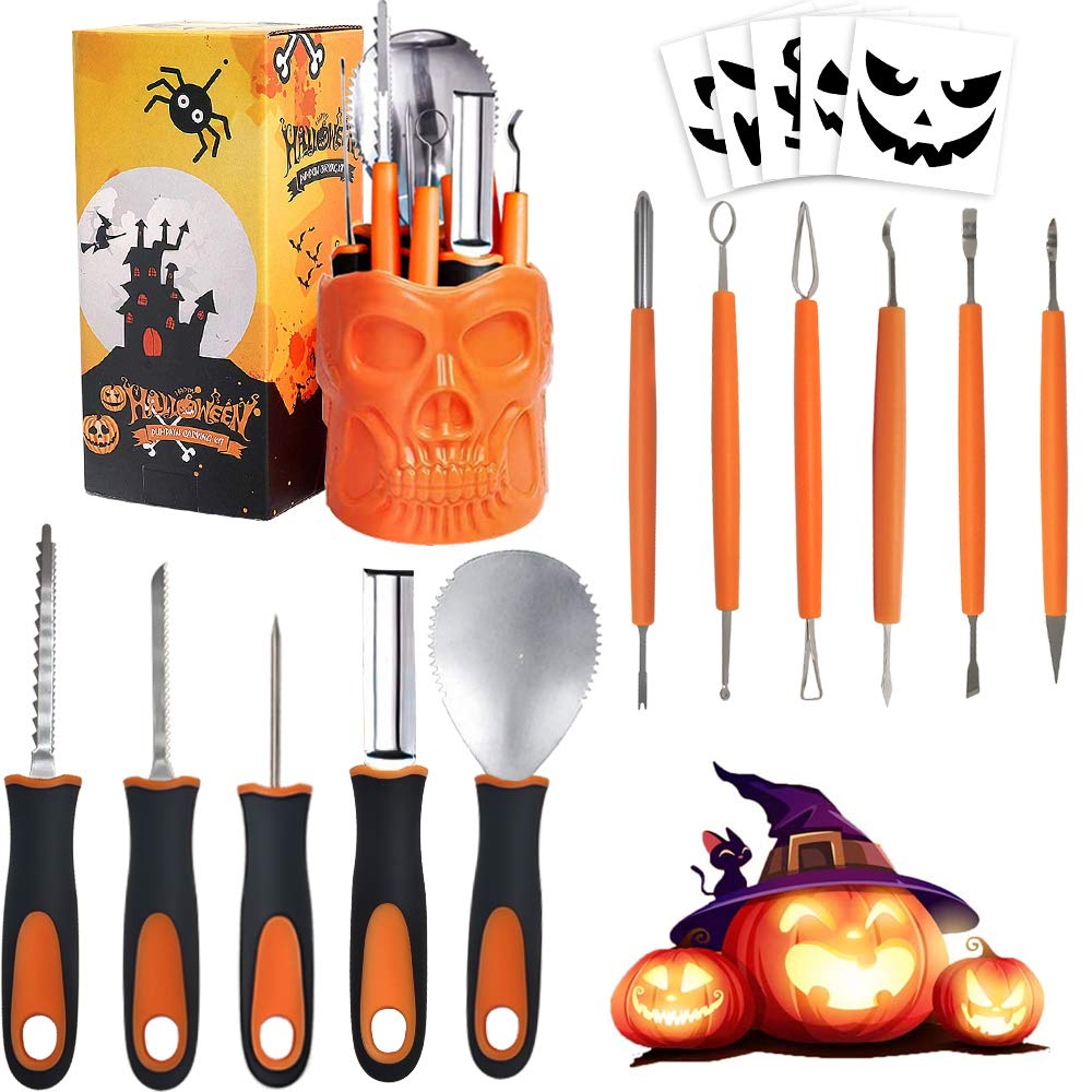 BENERAY Pumpkin Carving Kit, Includes 11 Pcs Stainless Steel As a Carving Set for Pumpkin Halloween Decoration Kit Easily Sculpting Jack-O-Lanter Halloween Set - with a Skull Storage Carrying Bucket