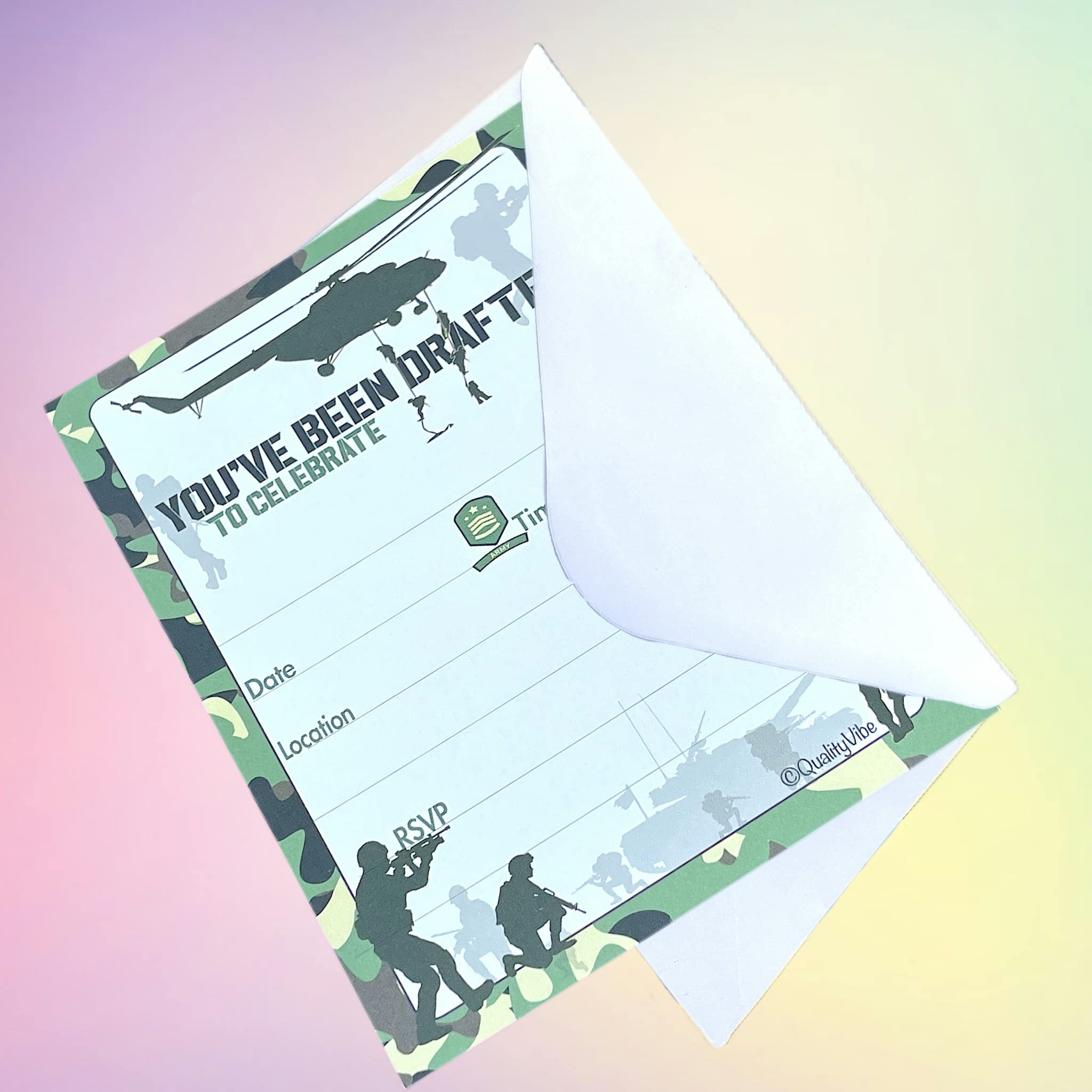 25 Army Birthday Invitations With Envelopes, Fill In Style You're Invited For Camo Military Theme Birthday Parties Or Sleepover. Camouflage Military, Special Forces Or Secret Operation Theme. Thick &