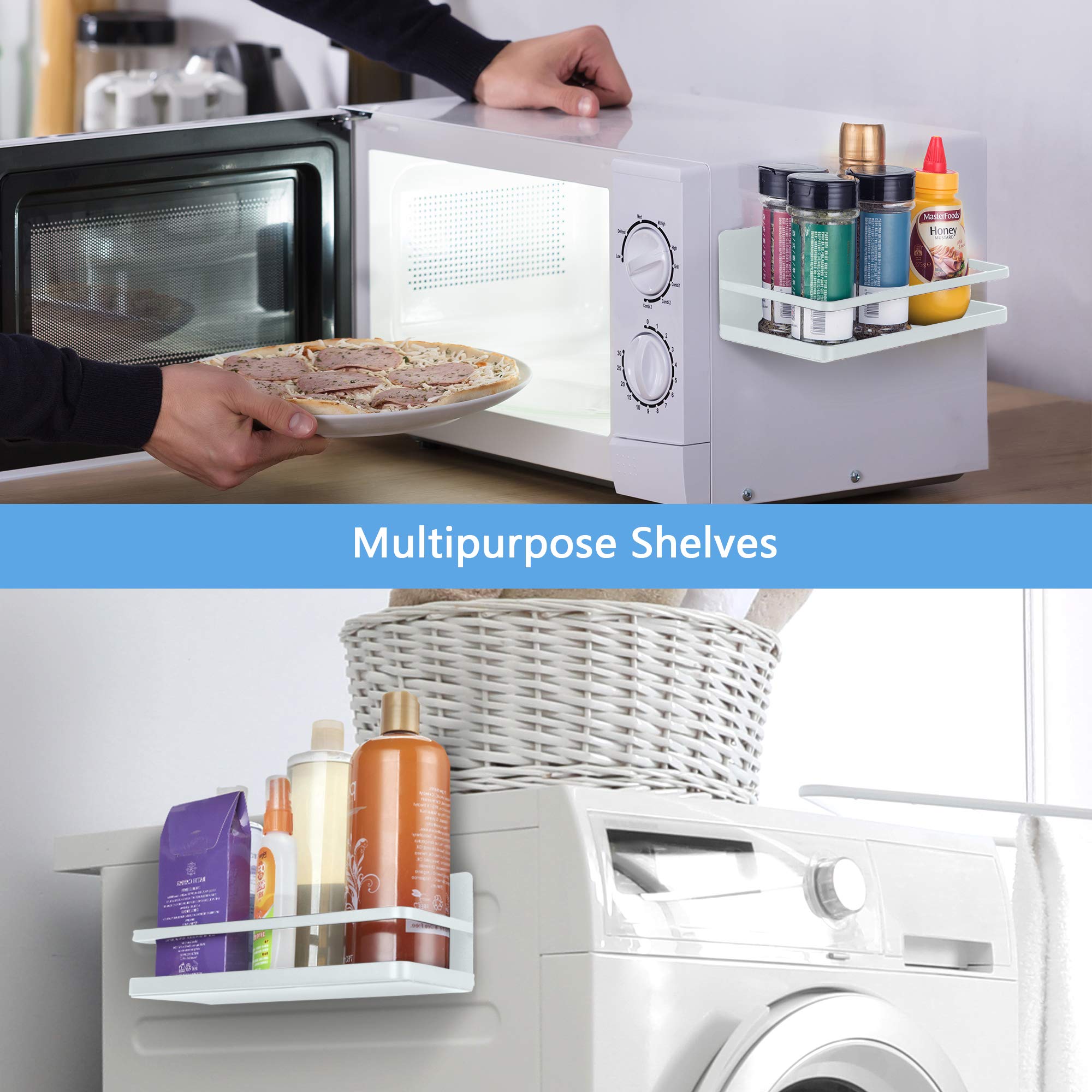 2 Pack - Magnetic Spice Rack, Fridge Organizer Shelf, Side Wall Refrigerator Storage for Spices, Utensils or Plates, Works as Towel Holder with Hooks, Organization for Home and Kitchen (White)
