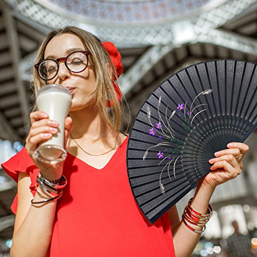Black Hand Fan Metable Silk Fabric Orchid Pattern Bamboo Handheld Folding Fan Chinese Oriental Style Handmade For DIY Wall Decoration Wedding Party Dancing Show Props Gift Boxed
