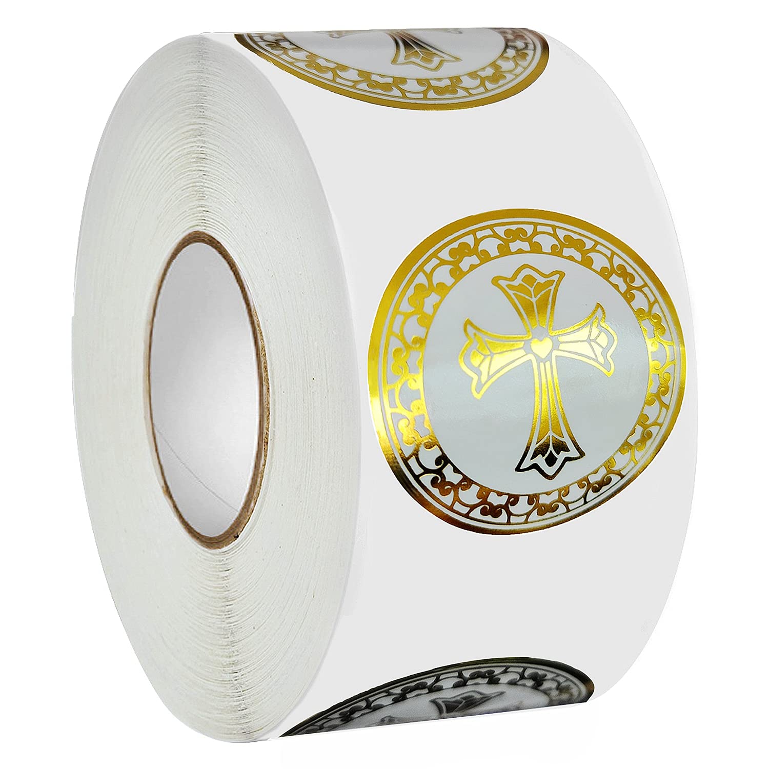 Gold Foil Cross Stickers, 1.5 inch 500 Foil Self-Adhesive Religious Stickers Round Labels for Baptism Party, Envelope Seals, Christening, Wedding Decoration