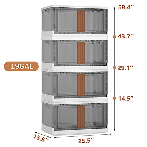 4 Packs 19Gal Plastic Storage Bins with Lids for Closet Organizers and Storage, Collapsible Folding Stackable Storage Box with Open Front Door, wheels for Office, School, Home Storage