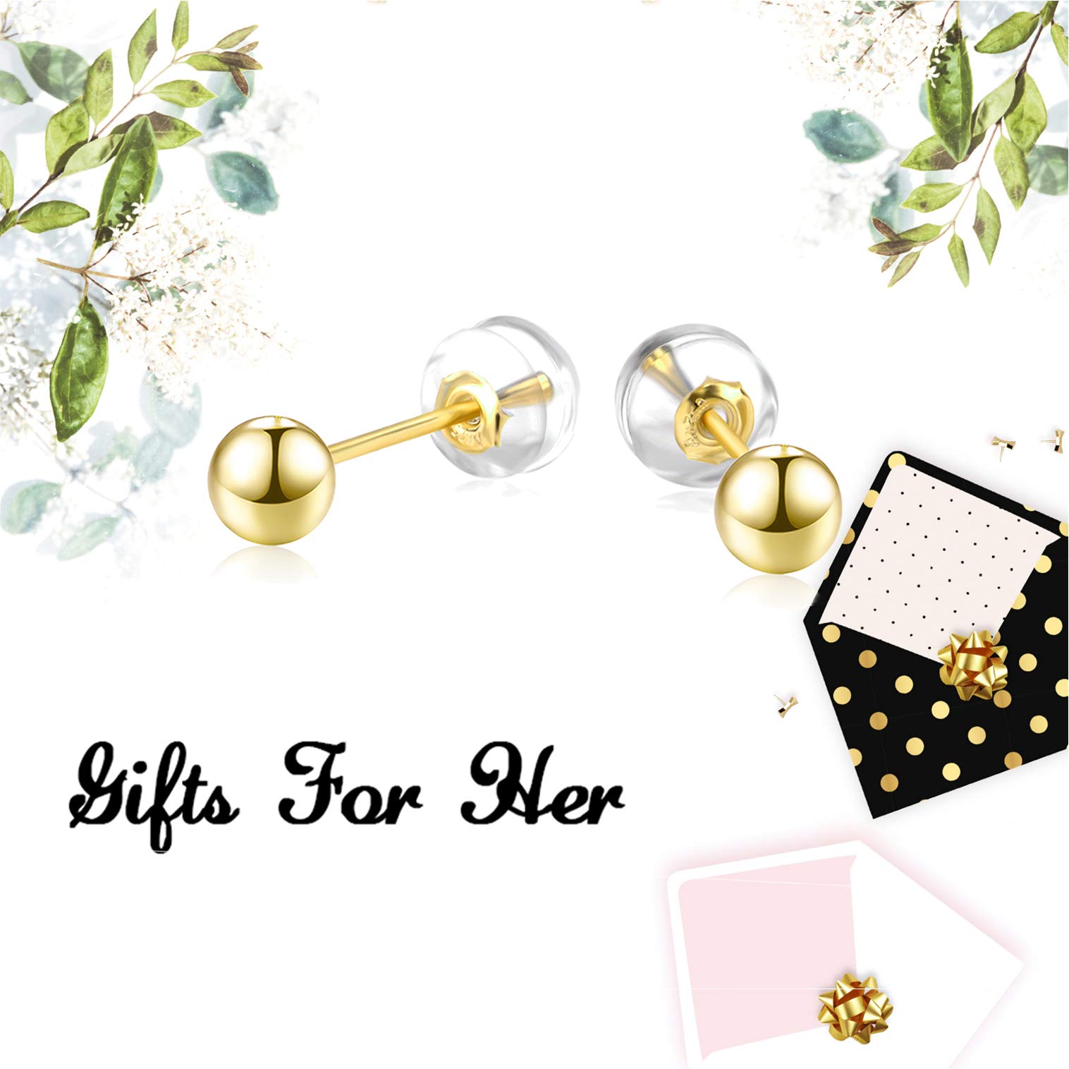 18k Gold Ball Stud Earrings, Small 18 Carat Yellow Gold Post Earrings for Women (3mm)