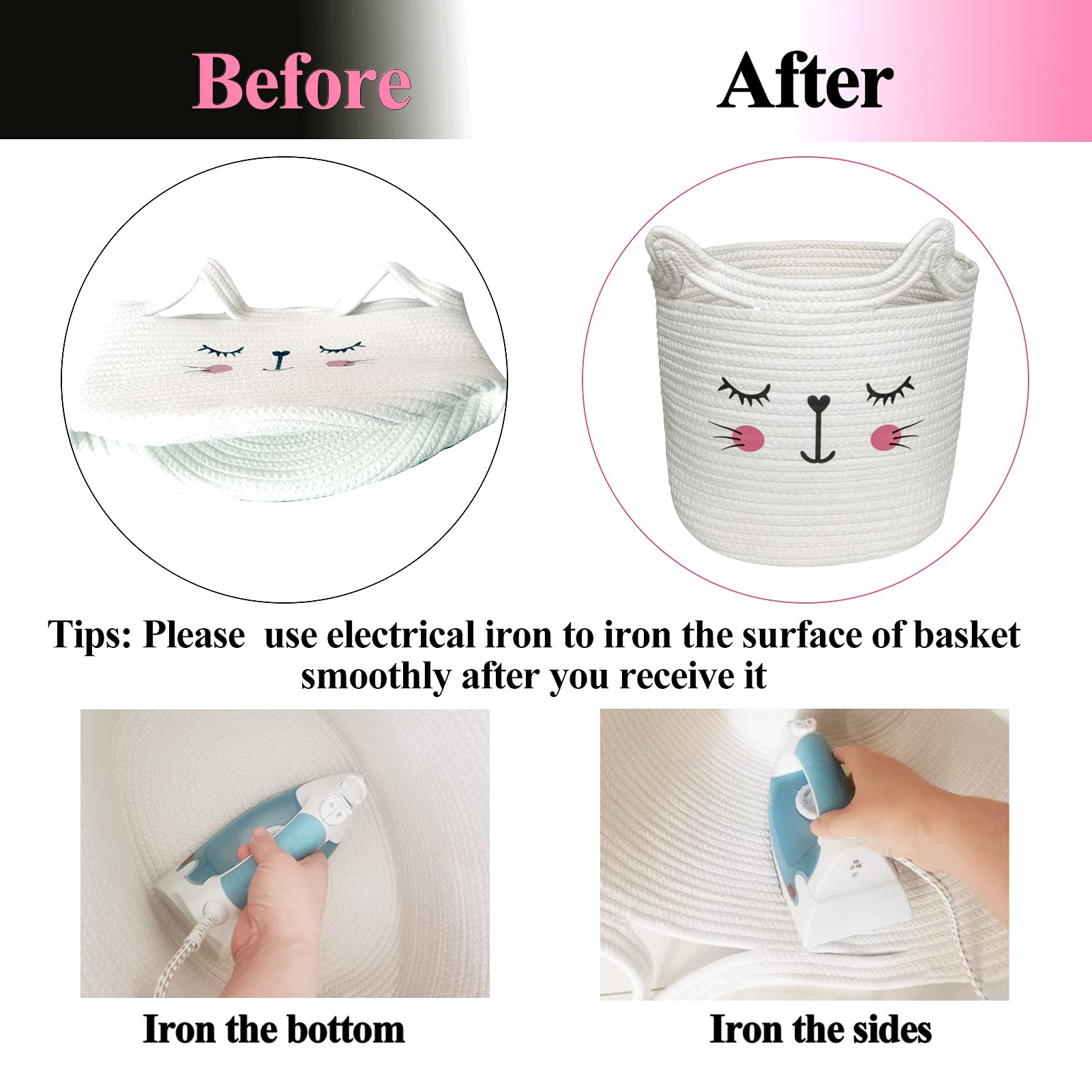 Bigepige Cat Decorative Baby Toy Storage Basket with Handle, Cotton Rope Blanket Basket for Cat Lovers Gift, Stuffed Animal Storage Bin, Cute Kids Laundry Nursery Hamper Organizer (White3, Medium)