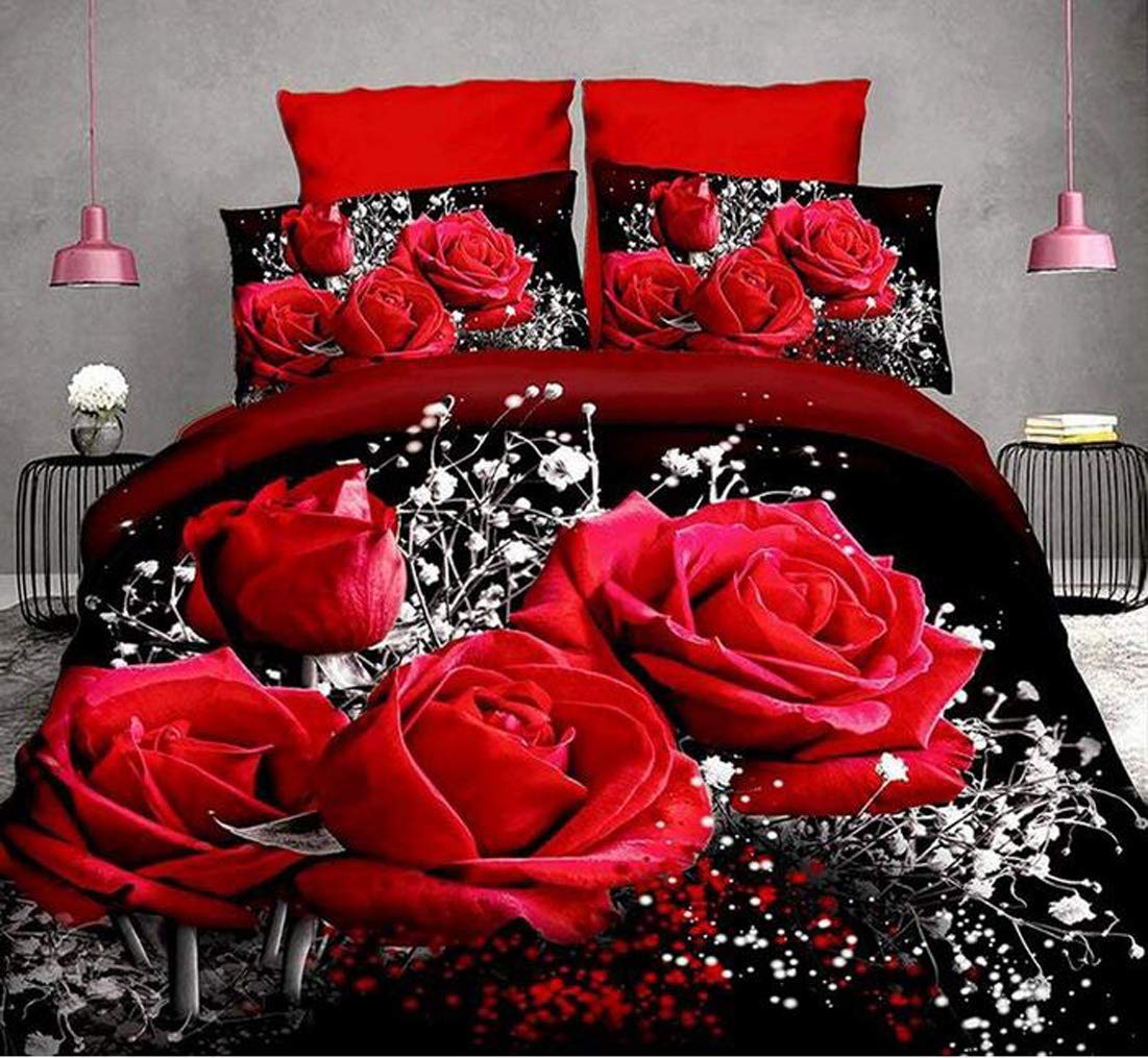 3D Bedding Set Home Textile Hot Red Rose Pattern 4pcs Queen Size Duvet Cover Sets Full King Twin Red Bed Sheet Set