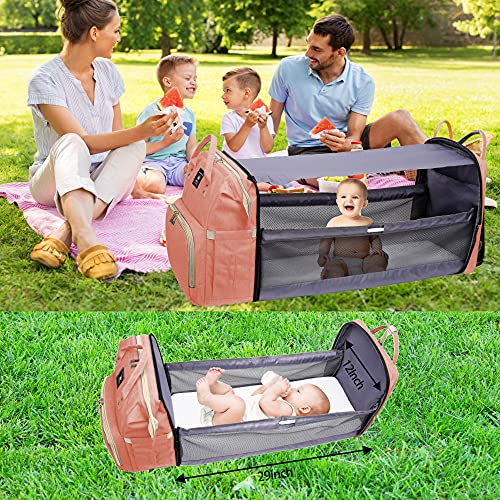 Lamroro Diaper Bag Backpack Foldable Baby Bed, Diaper Changing Station with USB Charging Port, Waterproof Multi-Functional Girl Boy Mom Travel Baby Diaper Bag, Large Capacity, Pink, 16.5x9x13 Inch