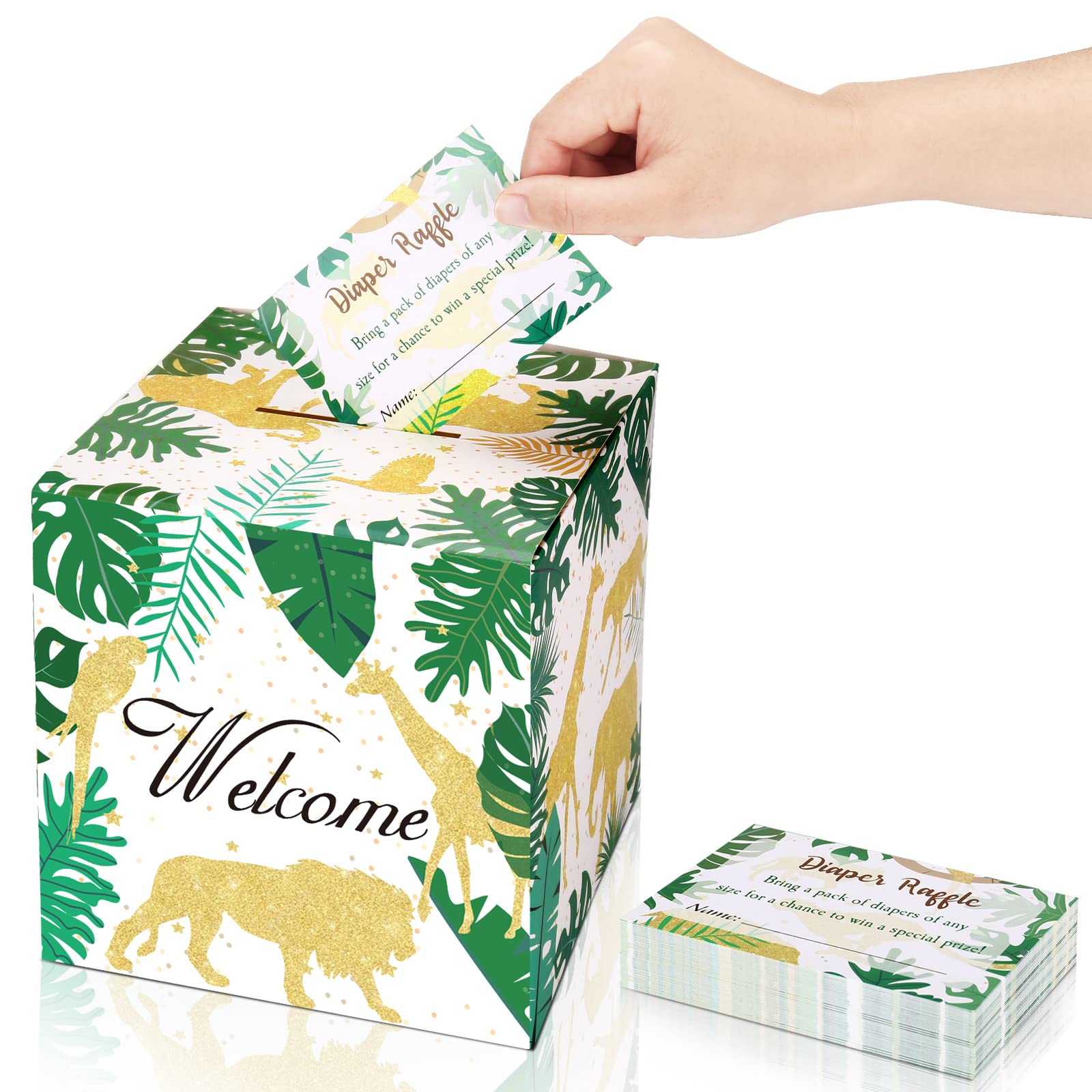 51 Pieces Safari Baby Shower Card Box Holder and Advice Cards Safari Diaper Raffle Cards Diaper Raffle Game Box Tickets for Safari Jungle Zoo Animals Themed Baby Shower Party Decorations Supplies