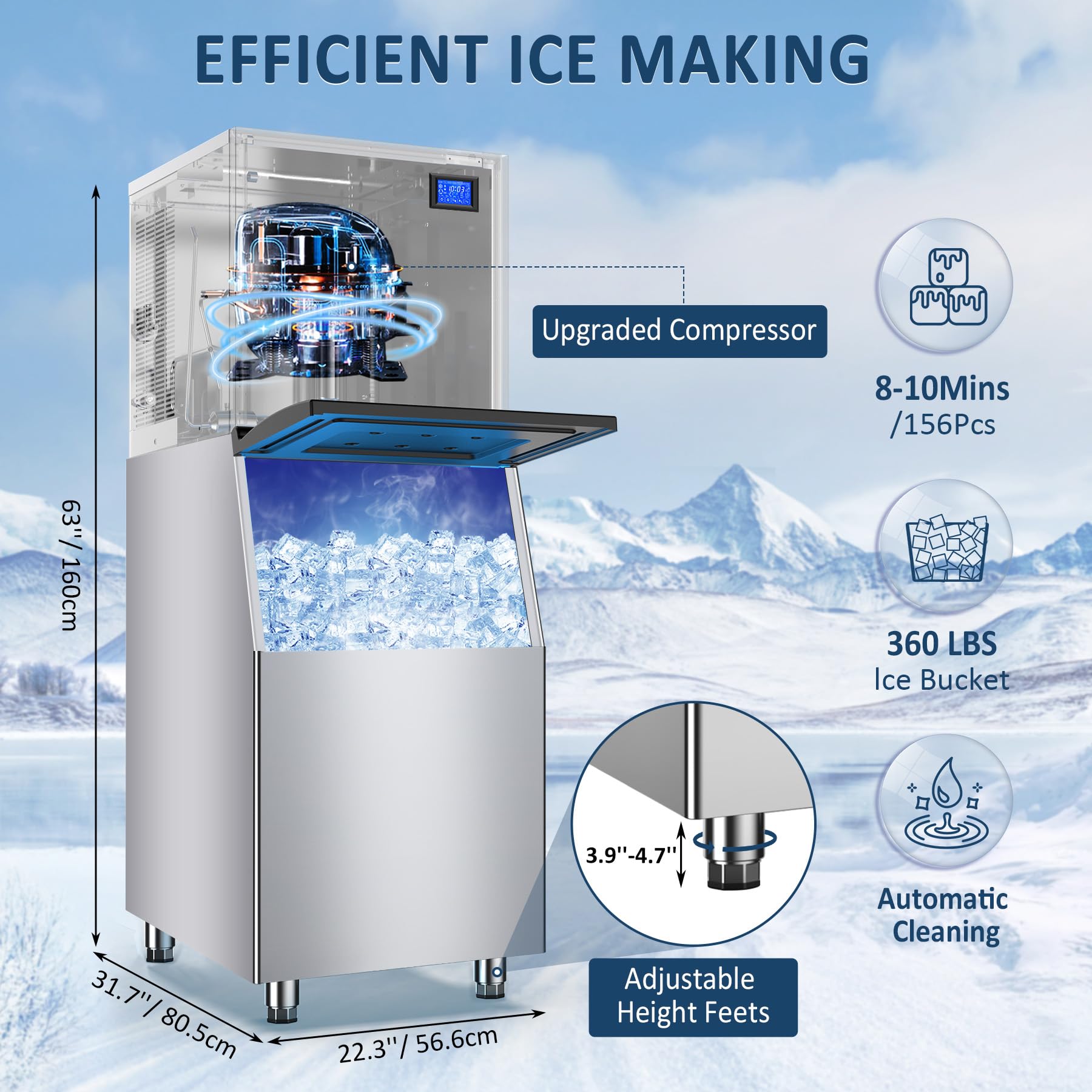 Commercial Ice Maker Machine, 500LBS/24H with 360LBS Large Storage Bin Stainless Steel Industrical Ice Machine 156pcs Clear Cubes in 10Mins, Air Cooled Freestanding Ice Maker for Restaurant Coffee Bar