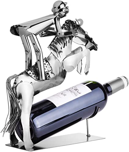 BRUBAKER Wine Bottle Holder 'Horseback Riding' - Table Top Metal Sculpture - with Greeting Card
