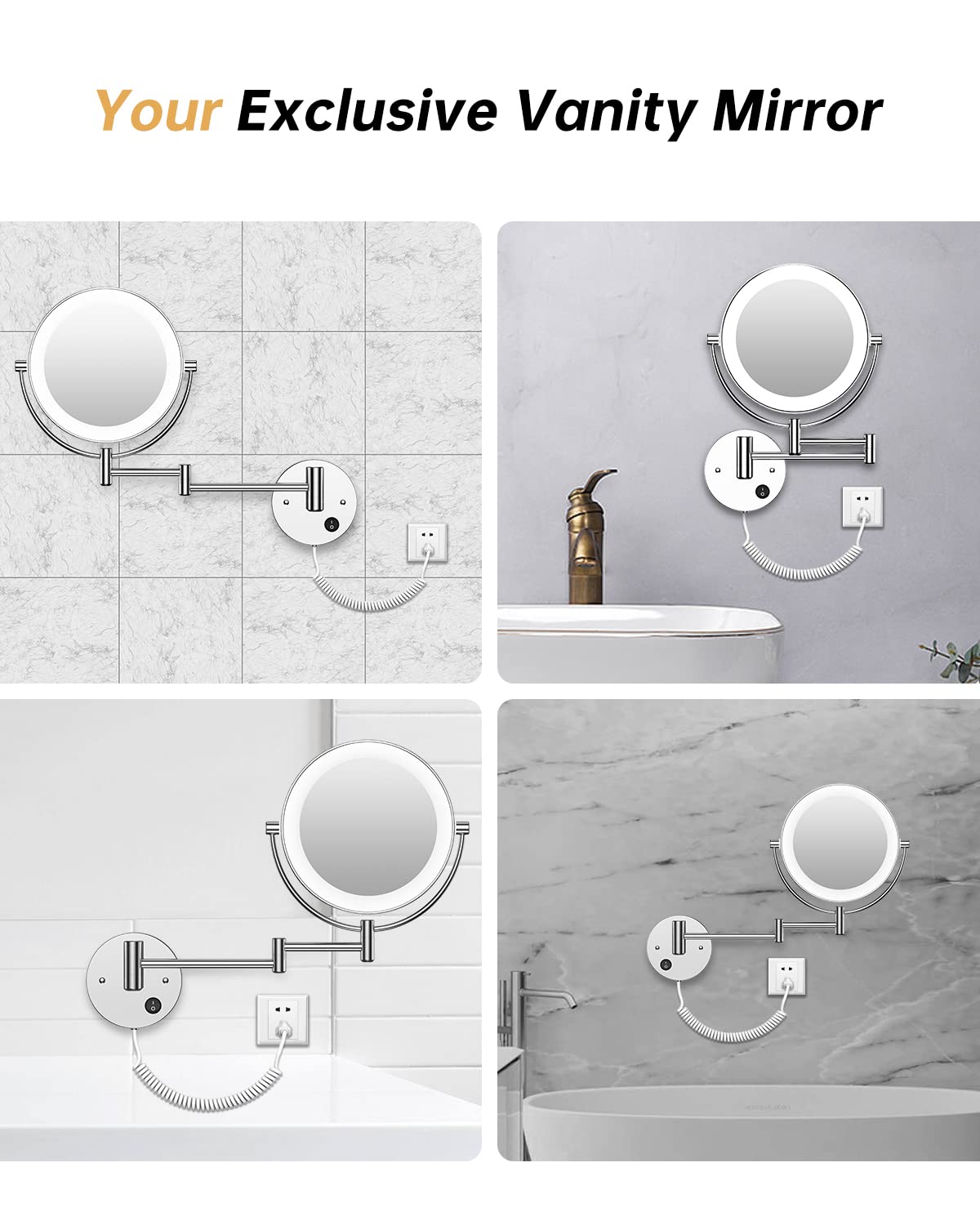 Gospire 8.5" Wall Mounted Lighted Magnifying Mirror, 1X/10X Double-Sided Magnification Round LED Cosmetic Vanity Bathroom Mirror Extendable Arm 360° Swivel for Shaving Makeup