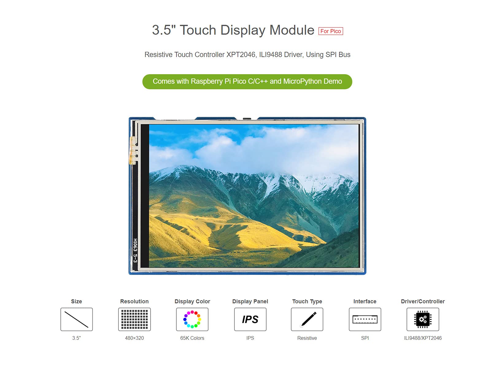 waveshare 3.5inch Touch Display Module for Raspberry Pi Pico 65K Colors 480×320 Pixels Resistive Touch Controller XPT2046 ILI9488 Driver Using SPI Bus