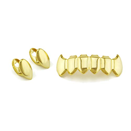 18k Gold Plated Vampire Dracula Teeth Grillz 2pc Single Fangs and 6 Bottom Grillz Set