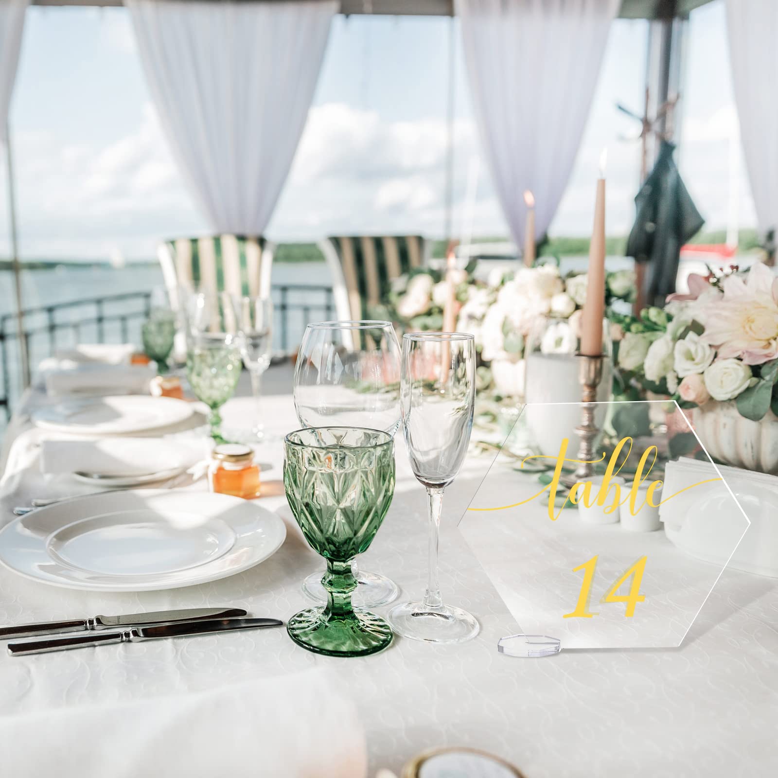 30 Pcs Gold Acrylic Wedding Table Numbers with Stand Printed Clear Acrylic Table Number Stand Table Number Signs for Wedding Reception Event Party Dining Room(Hexagonal)