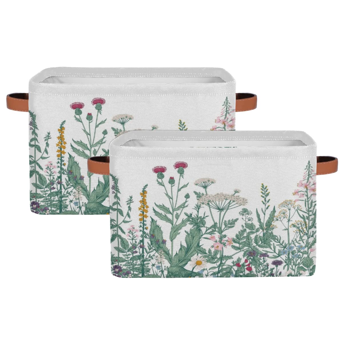 2Pack Herbs and Wild Flowers Large Collapsible Storage Bins,Colorful Floral Decorative Canvas Fabric Storage Boxes Organizer,Rectangular Shelves Baskets Box for Home Office Nursery Closet