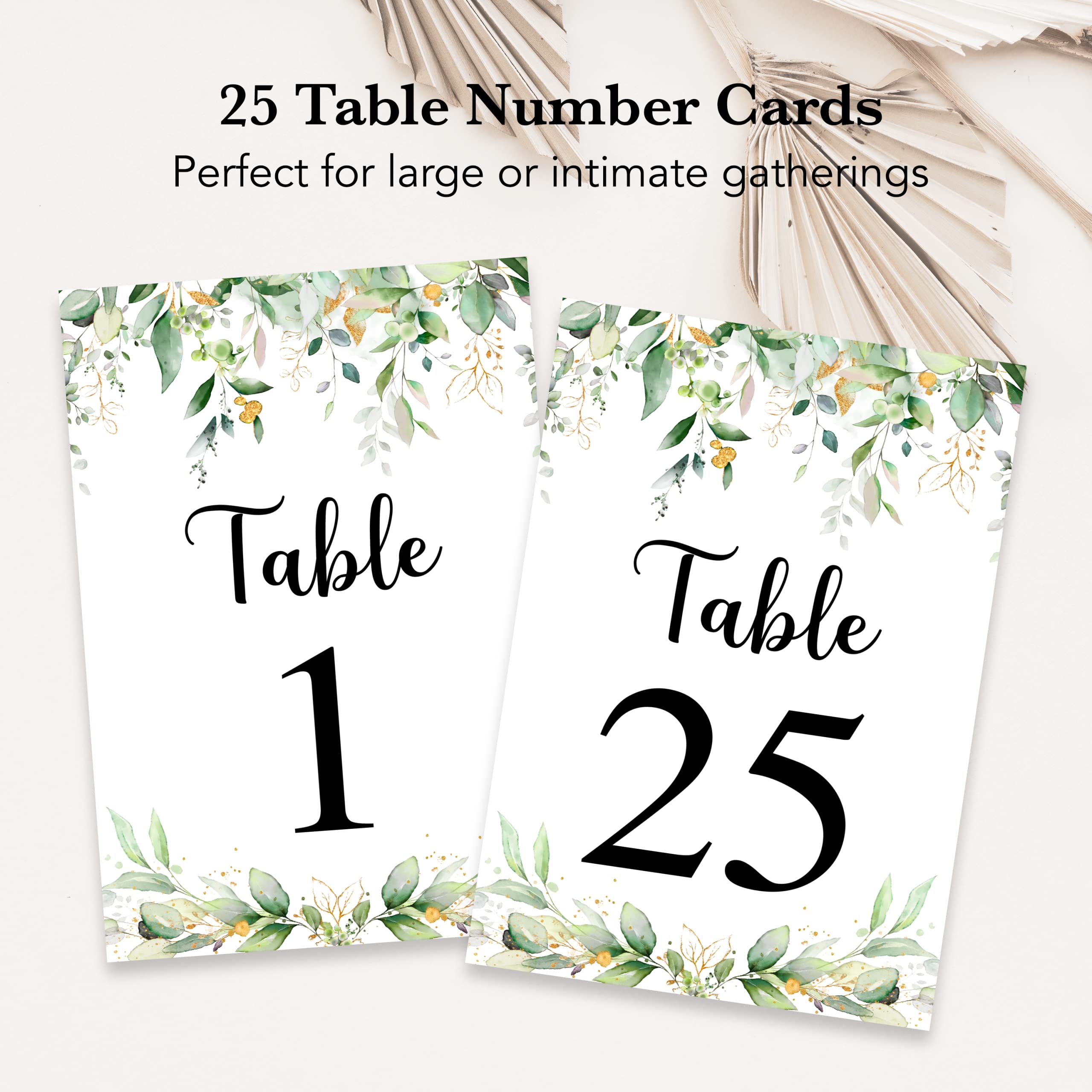 25 Pcs Effortless Events Wedding Table Numbers, 4x6 in Table Numbers for Wedding Reception 1-25, Gold & Greenery Eucalyptus Design for Rustic Weddings, Receptions, Parties, & Events