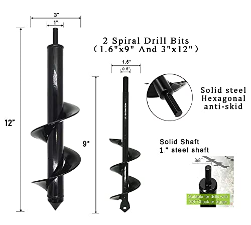 2 Pack Auger Drill Bit for Planting 3"x12" and 1.6"x9" Spiral Drill for Planting Flower Garden Auger Hex Drive Drill, Hole Digger Auger Set for 3/8β Hex Drive Drill