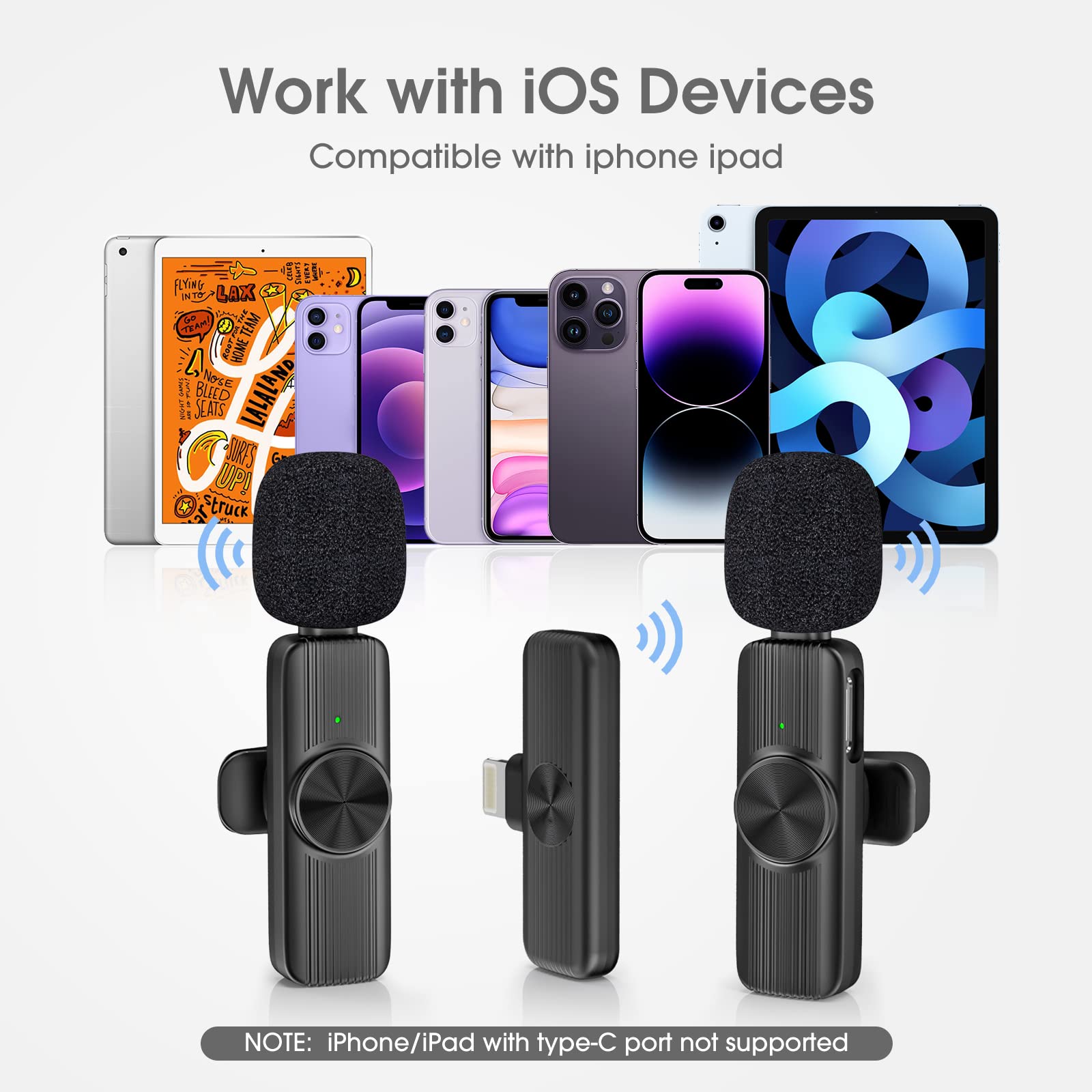 2 Pack Wireless Lavalier Microphone for iPhone iPad, Noise Reduction Cordless Omni Lapel Mic, Clip on Microphone for Video Recording, YouTube, Facebook,TikTok, Interview Livestream & Podcast