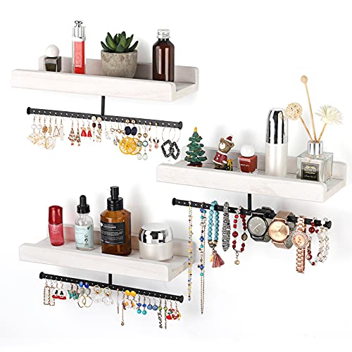 Miratino Jewelry Organizer Hanging Jewelry Holder Rustic Wood Wall Mounted Jewelry Storage for Necklaces Bracelets Earrings Rings Display Set of 3 Vintage White