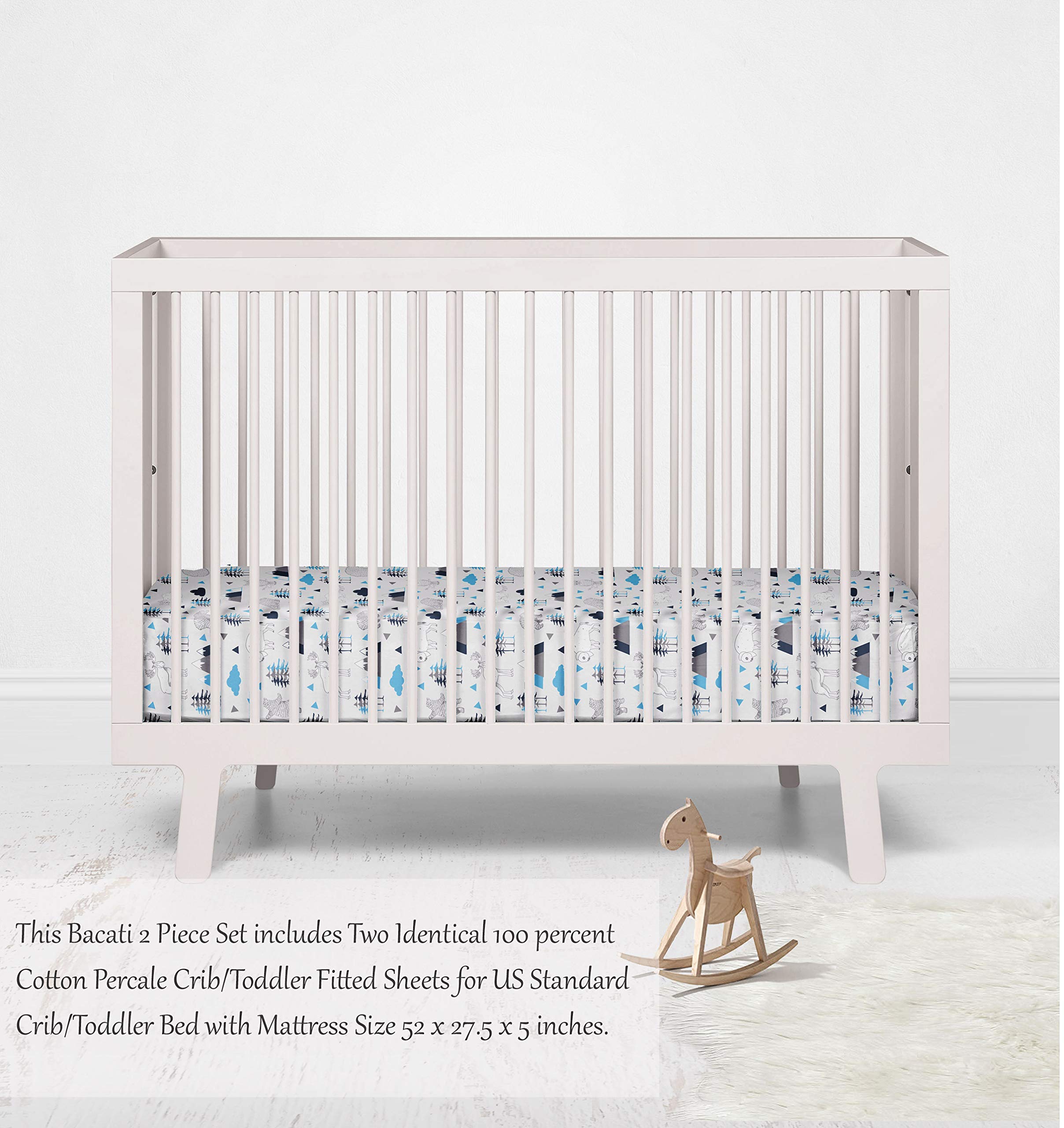 Bacati - 2 Pack Woodlands Bears Bison Owls Printed Boys 100% Cotton Universal Baby US Standard Crib or Toddler Bed Fitted Sheets (Aqua/Navy/Grey)