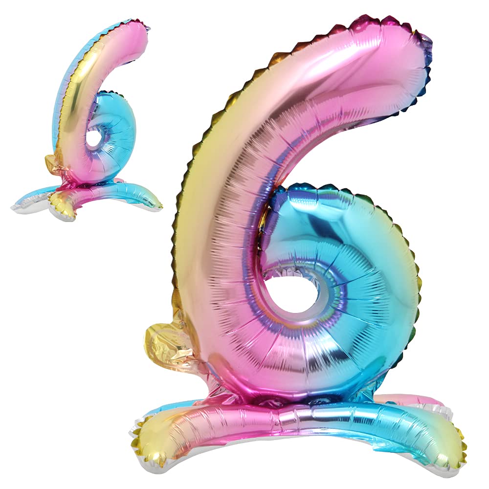 32 Inch Standing Number Balloons Foil Ballon Rainbow Gradient Digit Ball Colorful Wedding Birthday Party Decoration Baby Shower Supplies (32 inch Stand Rainbow 6)