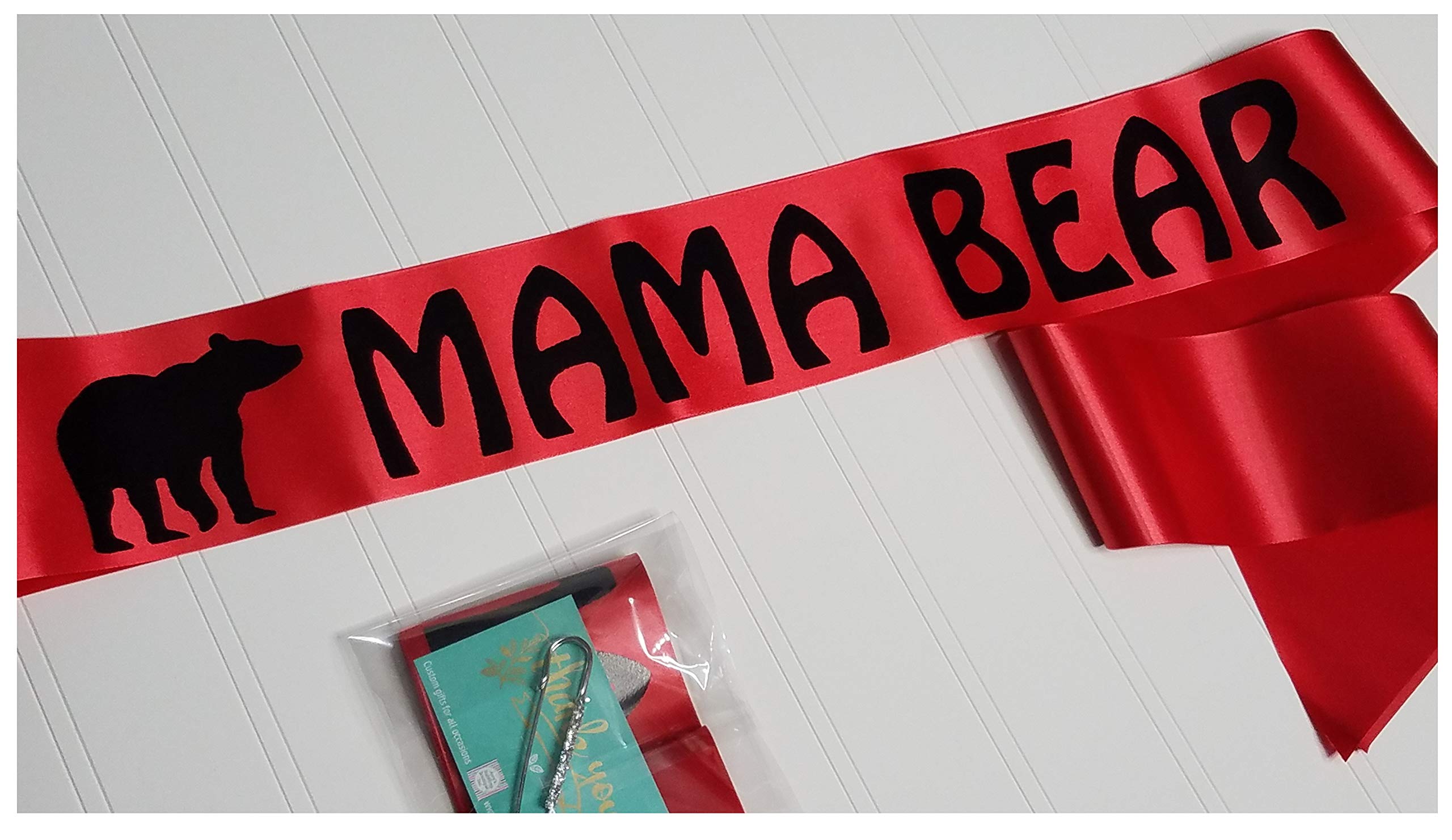 Amy's Bubbling Boutique Mama Bear Baby Shower Sash for Mom to Be Red & Black with Silver Pin for Adjustable Closure