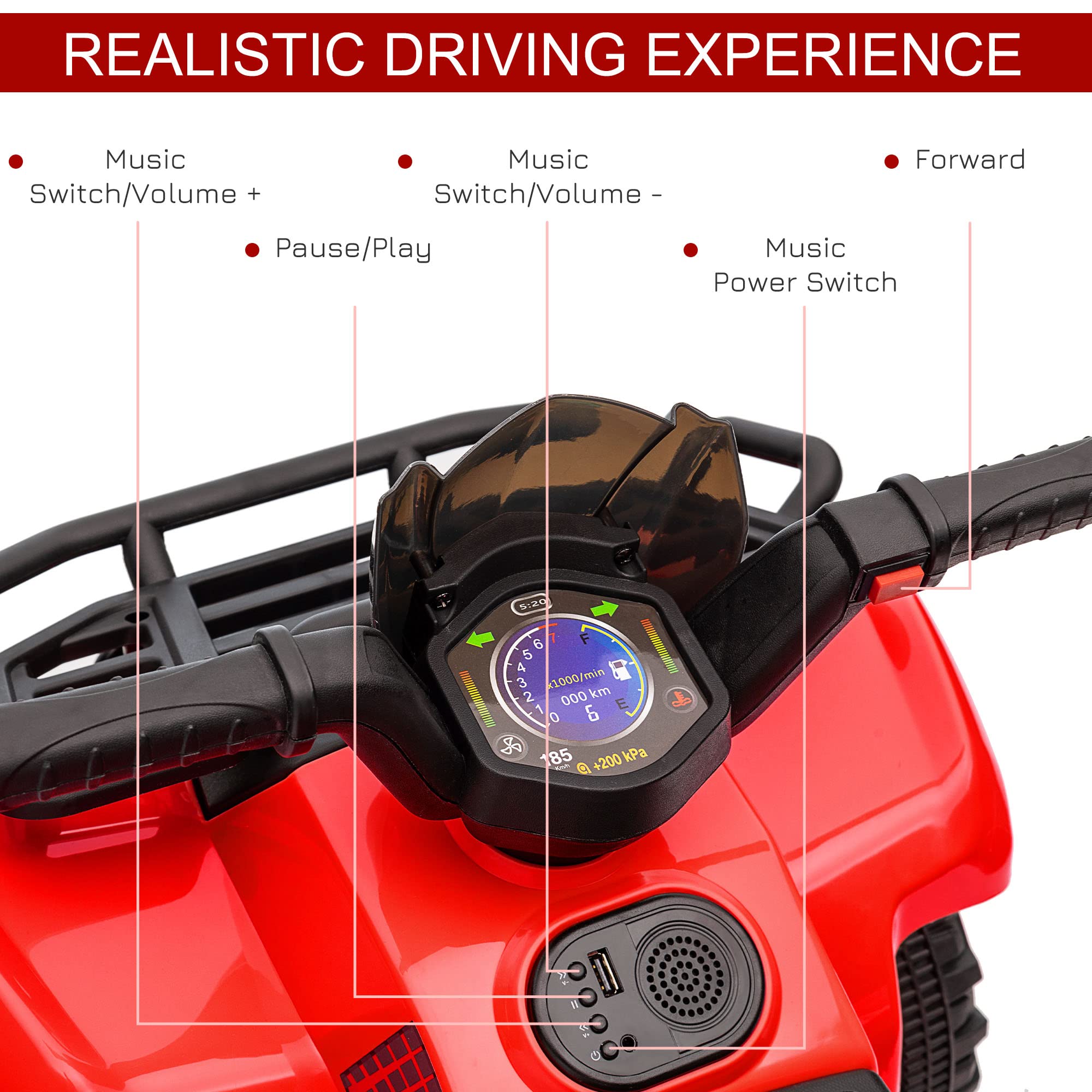 Aosom Kids ATV Four Wheeler Ride on Car, Motorized Quad, 6V Battery Powered Electric Quad with Songs for 18-36 Months, Red