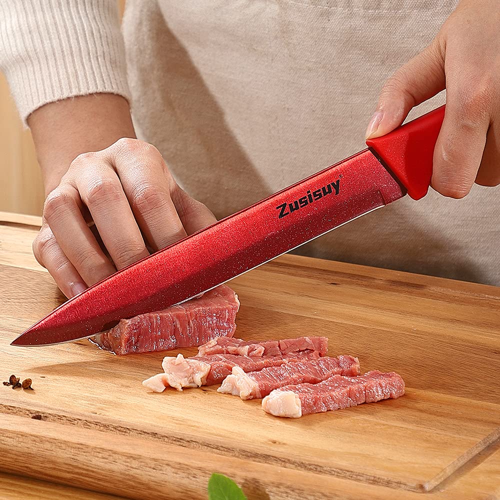 Zusisuy Red Professional Kitchen Knife Chef Set, Kitchen Knife Set Stainless Steel, Kitchen Knife Set Dishwasher Safe with Sheathes