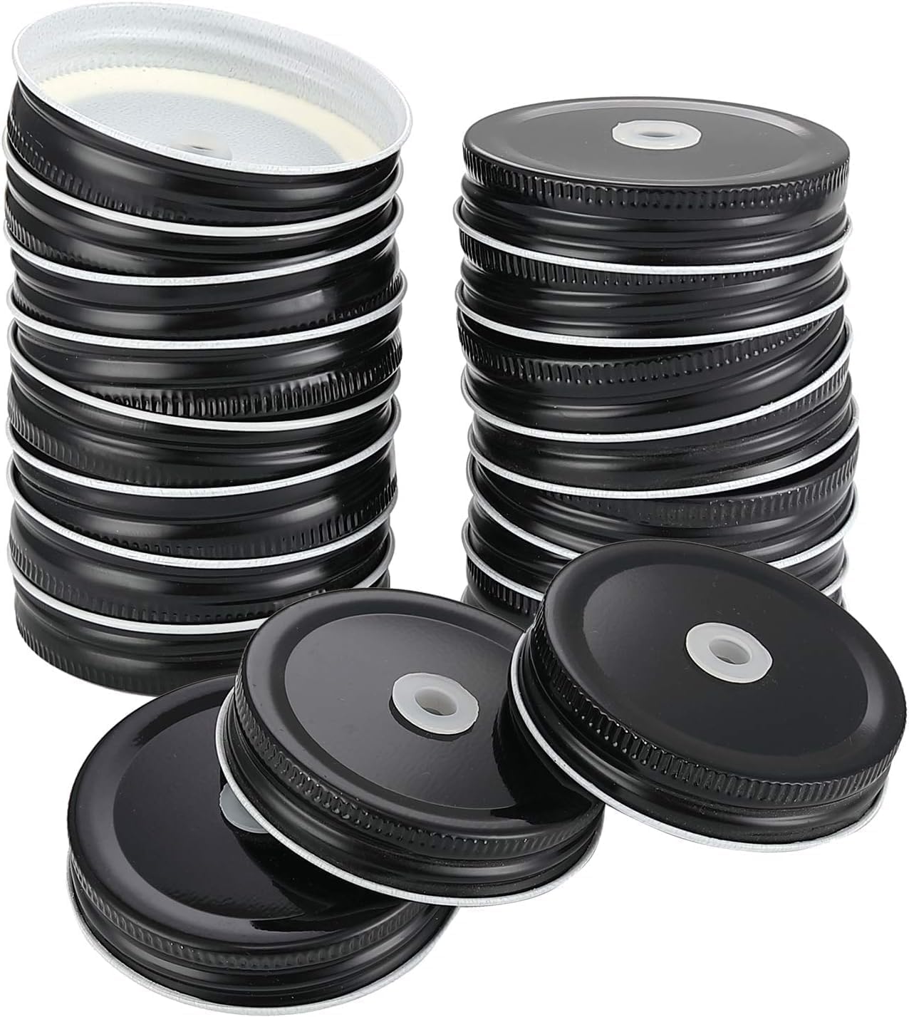 36 Pcs Mason Jar Lids Regular Mouth, Mason Jar Lids with Straw Hole, Stainless Steel Mason Canning Lids Regular Mouth, Leak Proof Reusable Ball Canning Lids for Food Storage, Black