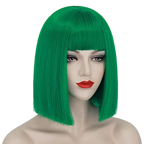 Juziviee Green Wigs for Women 12'' Short Green Bob Wig with Bangs Natural Cute Soft Synthetic Wigs for Party St Patricks Day AD016DGR