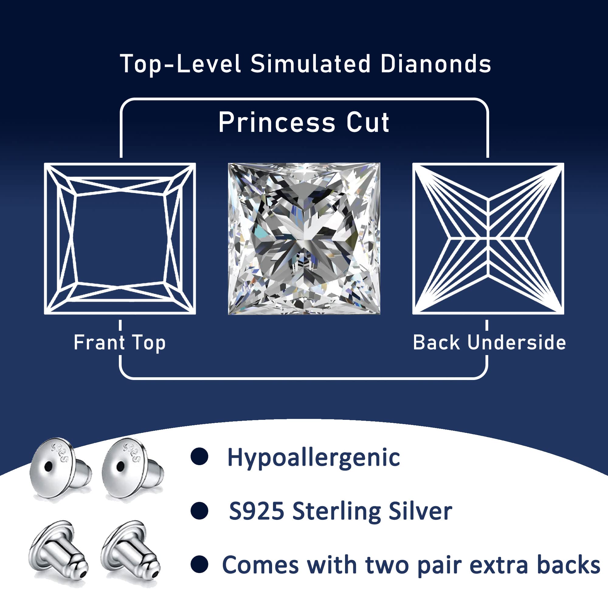 18K White Gold Plated Sterling Silver Princess Cut Cubic Zirconia Stud Earrings Square Simulated Diamond CZ Stud Earrings for Women Men Hypoallergenic (7MM, White Gold)