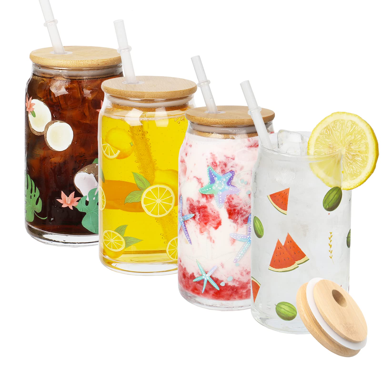 16Oz Drinking Glasses with Bamboo Lids and Straw - 4Pcs Can Shaped Glass Cups Beer Glasses Ice Coffee Glasses Cute Summer Tumbler Cup Great for Soda Boba Tea Cocktail Juice