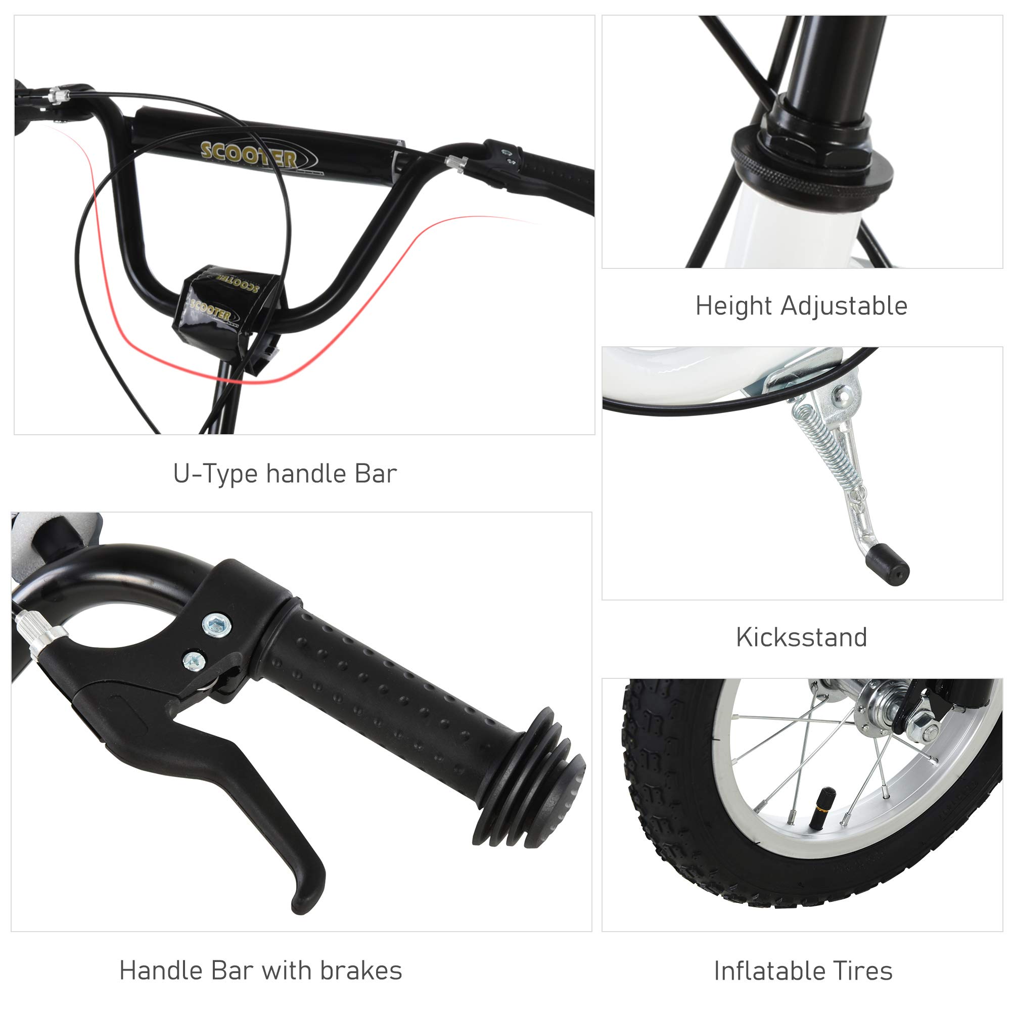 Aosom Youth Scooter Front and Rear Caliper Dual Brakes 12-Inch Inflatable Front Wheel Ride On Toy for Age 5+, White