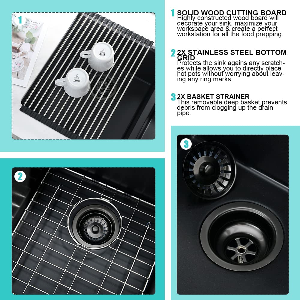 32 Inch Black Kitchen Sink Undermount-iAnomla 32x18 Inch Double Bowl Kitchen Sink 50/50 Black Quartz Composite Undermount Kitchen Sink