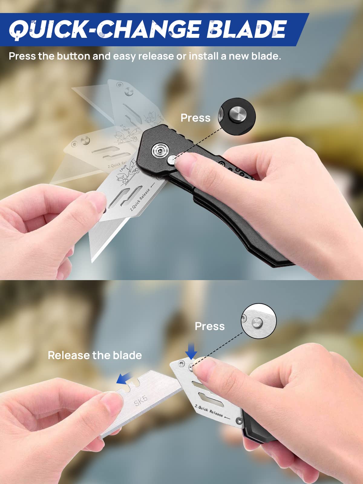 2 Pack BIBURY Utility Knife, Heavy Duty Folding Box Cutter, Pocket Carpet Knife with 20 Extra SK5 Stainless Steel Blades, Easy Release Button, Belt Clip, Quick Change, Blade Storage in Handle Design
