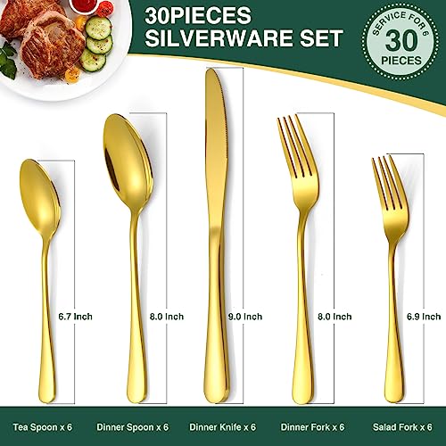 30-Piece Gold Silverware Set, Blingco Gold Flatware Set for 6, Food-Grade Stainless Steel Cutlery Set, Tableware Eating Utensils with Gift Box for Home Restaurant, Mirror Finished, Dishwasher Safe