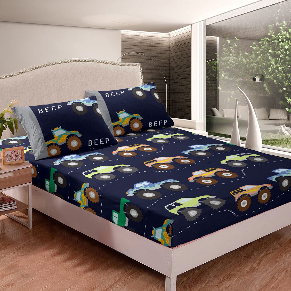 3D Monster Truck Bed Sheet Set Boys Cars Fitted Sheet & Pillow Sham Set for Kids Girls Teens Freestyle Monster Truck Decor Bedding Sheets Blue with 2 Pillowcases 3Pcs Bedding Full