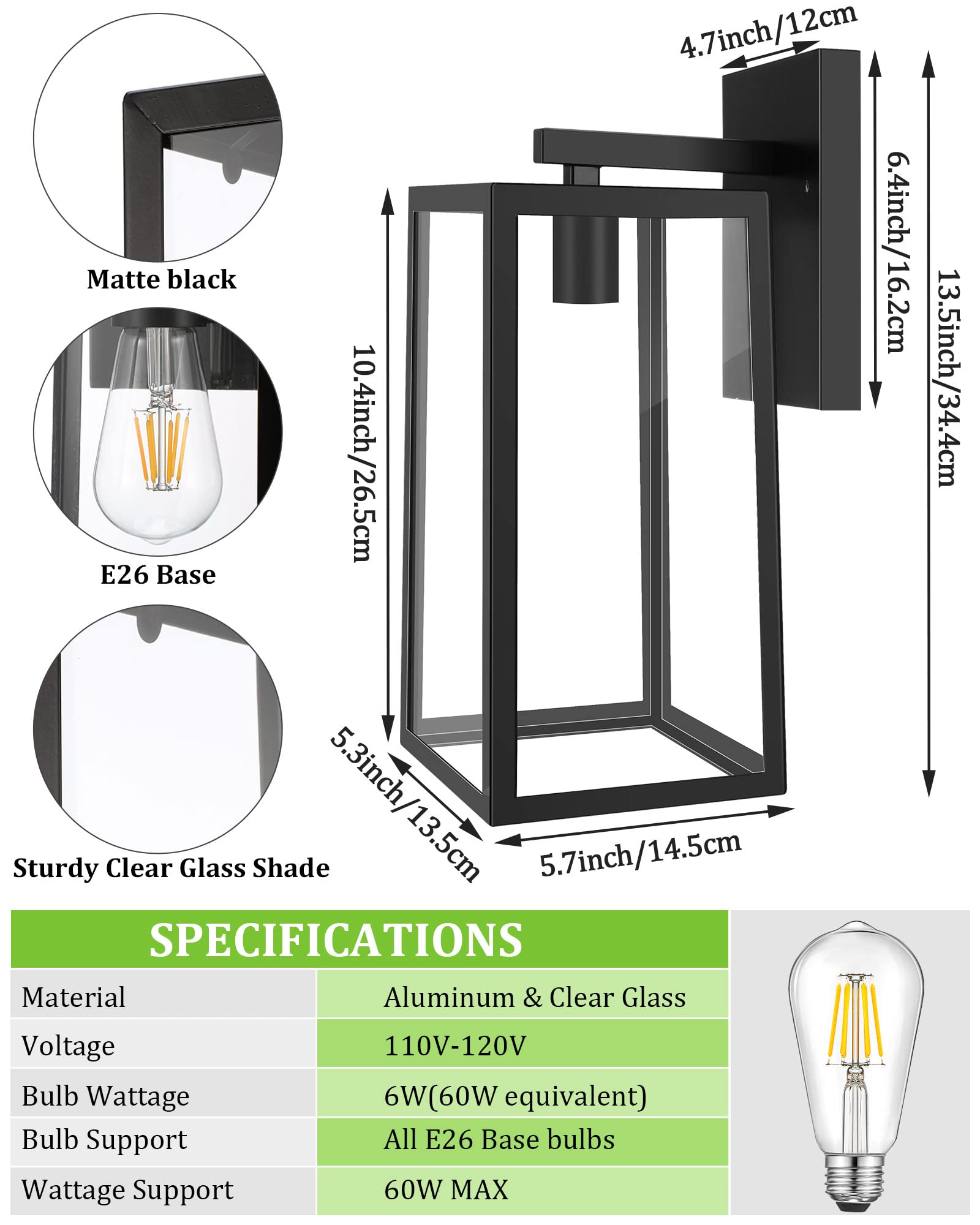 2 Pieces Outdoor Wall Sconce Exterior Waterproof Wall Lantern Light Fixtures Anti Rust Wall Mount Light Lamp with Clear Acrylic Shade and 8 E26 Socket Bulbs for House, Outside, Front Porch, Garage