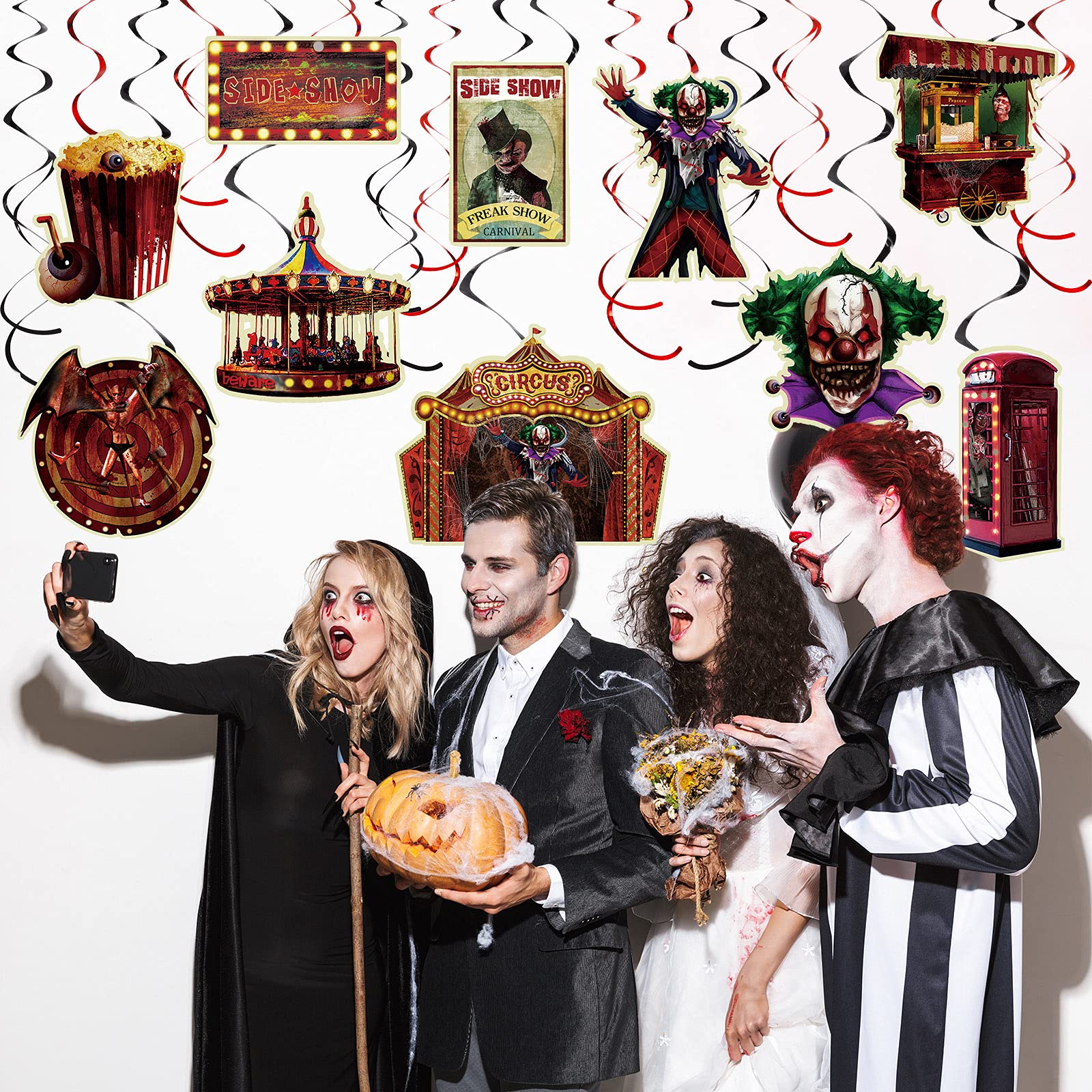 30 Pieces Halloween Clown Hanging Swirl Decorations Horror Joker Cutouts Circus Foil Ceiling Decor Halloween Creepy Carnival Decor, 7.09 x 7.09 Inch