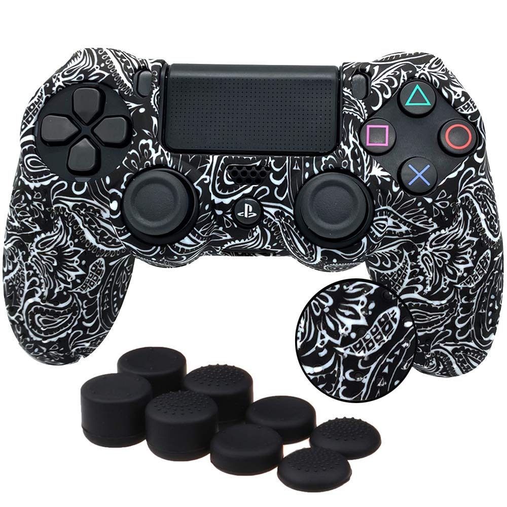 Antil-Slip Silicone Controller Cover Protective Case for PS4/SLIM/PRO Controller Soft Cover Skin for Dualshock 4 Controller with 8 Thumb Grips(White Black Print)
