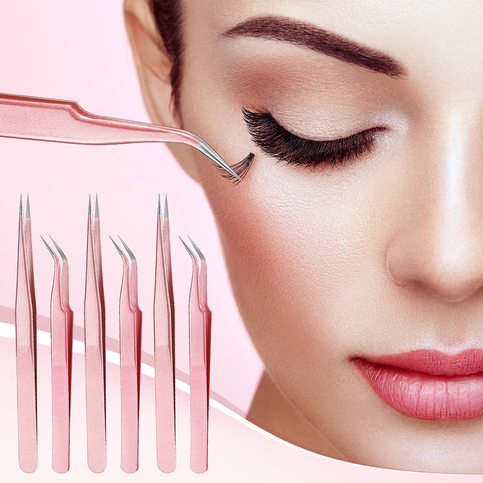 Mudder 6 Pcs Lash Tweezers Precision Eyelash Tweezers for Lash Extension, Straight and Curved Tip, Stainless Steel for False Volume Eyelash Application Tools(Rose Gold)