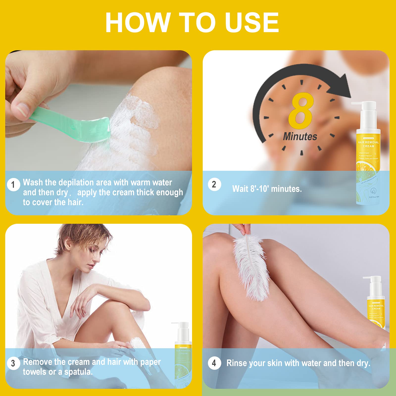 Sonobom Hair Removal Cream, Lemon Flavor, Painless, Non-Irritant for Sensitive Skin, 5.07 Fl oz, For Intimate Area, Arms, Legs, Underarms, Chest, Dermatologically Tested, Unisex