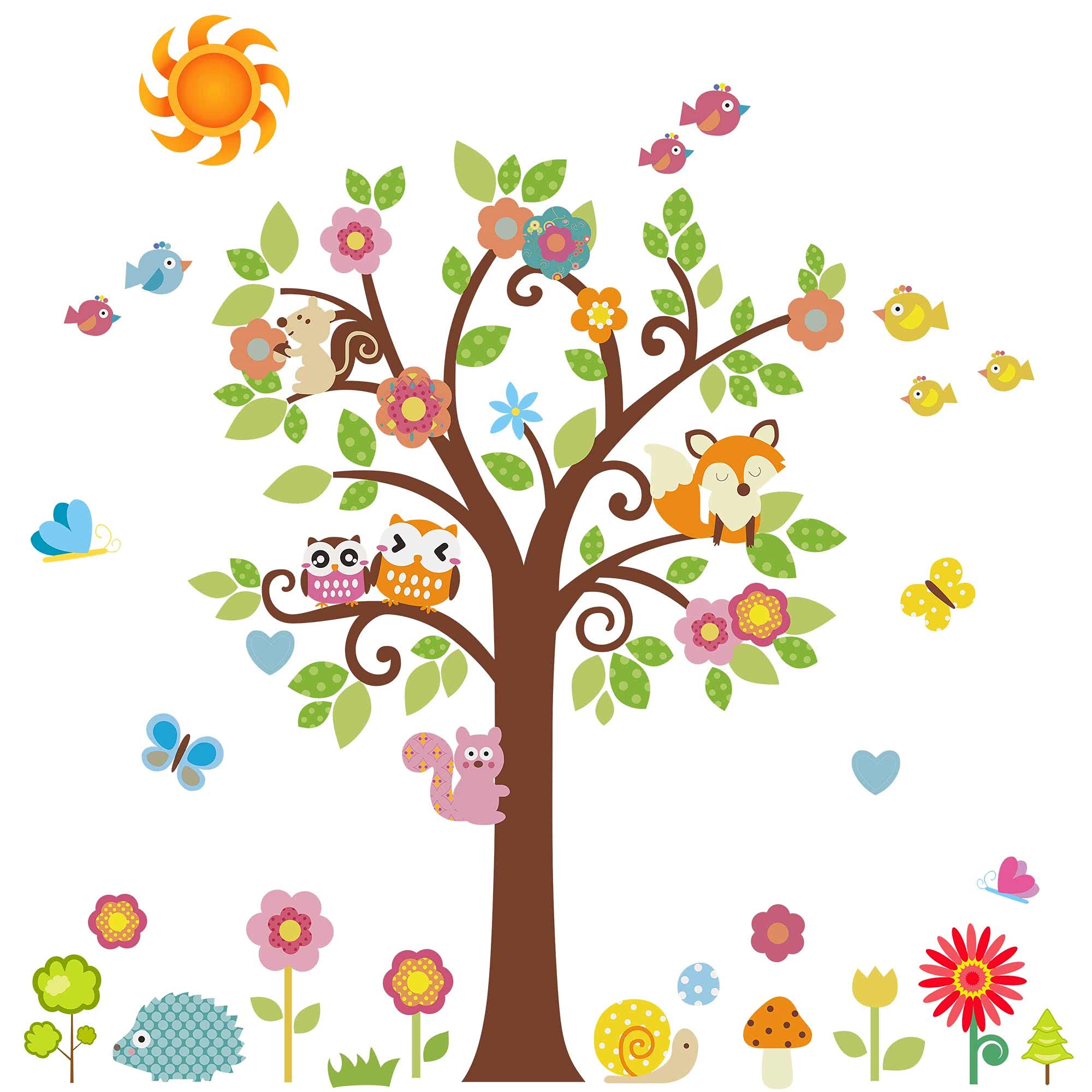 3D Removable Colorful Owls on Tree Wall Sticker Animals Flying Birds Fox with Flower Wall Decals DIY Vinyl Home Wall Art Decor for Kids Babys Girls Child Bedroom Playroom Nursery Decoration