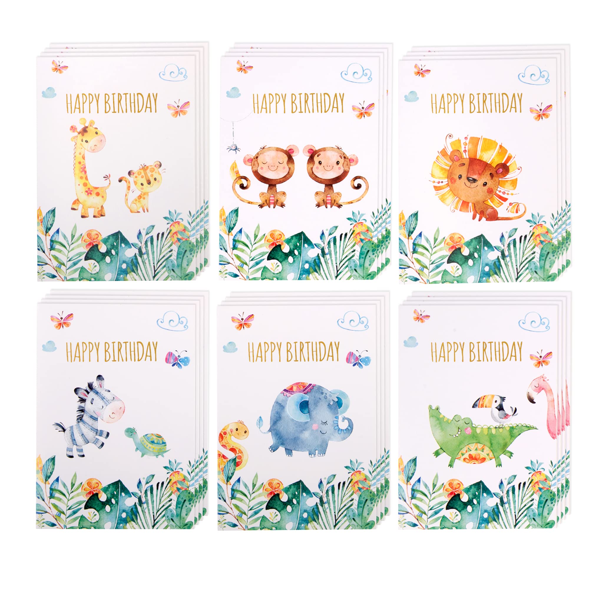 30 Safari Happy Birthday Cards Bulk | Kids Birthday Card | Assorted Birthday Cards With Envelopes | Greeting Cards Assortment Box | Small & Cute Zoo Birthday Cards For Kids w/ Matching Stickers