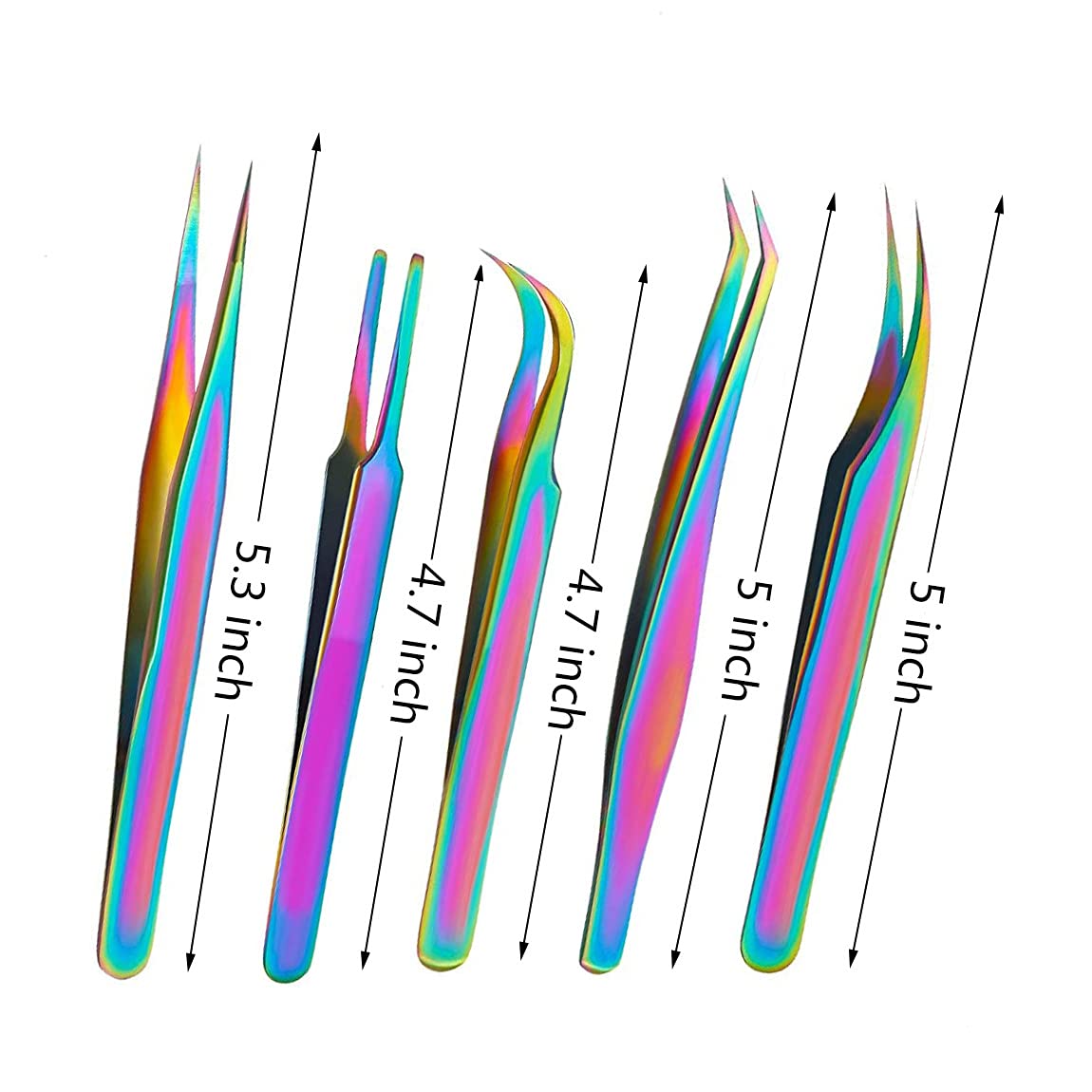 Generl Rainbow Tweezers Set for Eyelash Extensions Straight and Curved Stainless Steel Precision Tweezer for Lash Nail Art Ingrown Hair Craft Work 5 Pcs, 5 inches