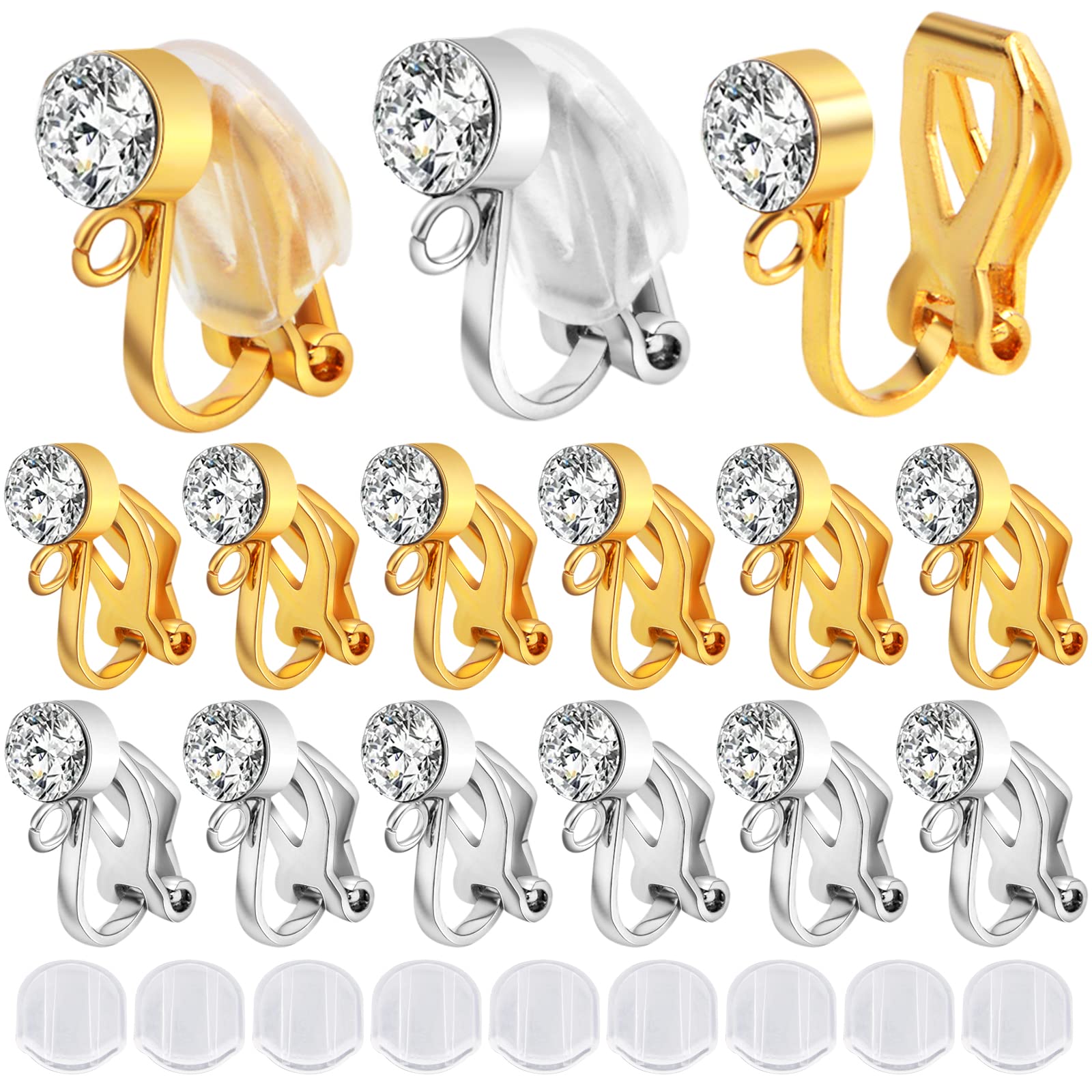 16pcs Clip-on Earring Converters Brass Triangle Earring Clips with Crystal Rhinestone Earring Findings and 16pcs Silicone Ear Pads for Non-Pierced Ears DIY Jewelry Making, 2 Colors