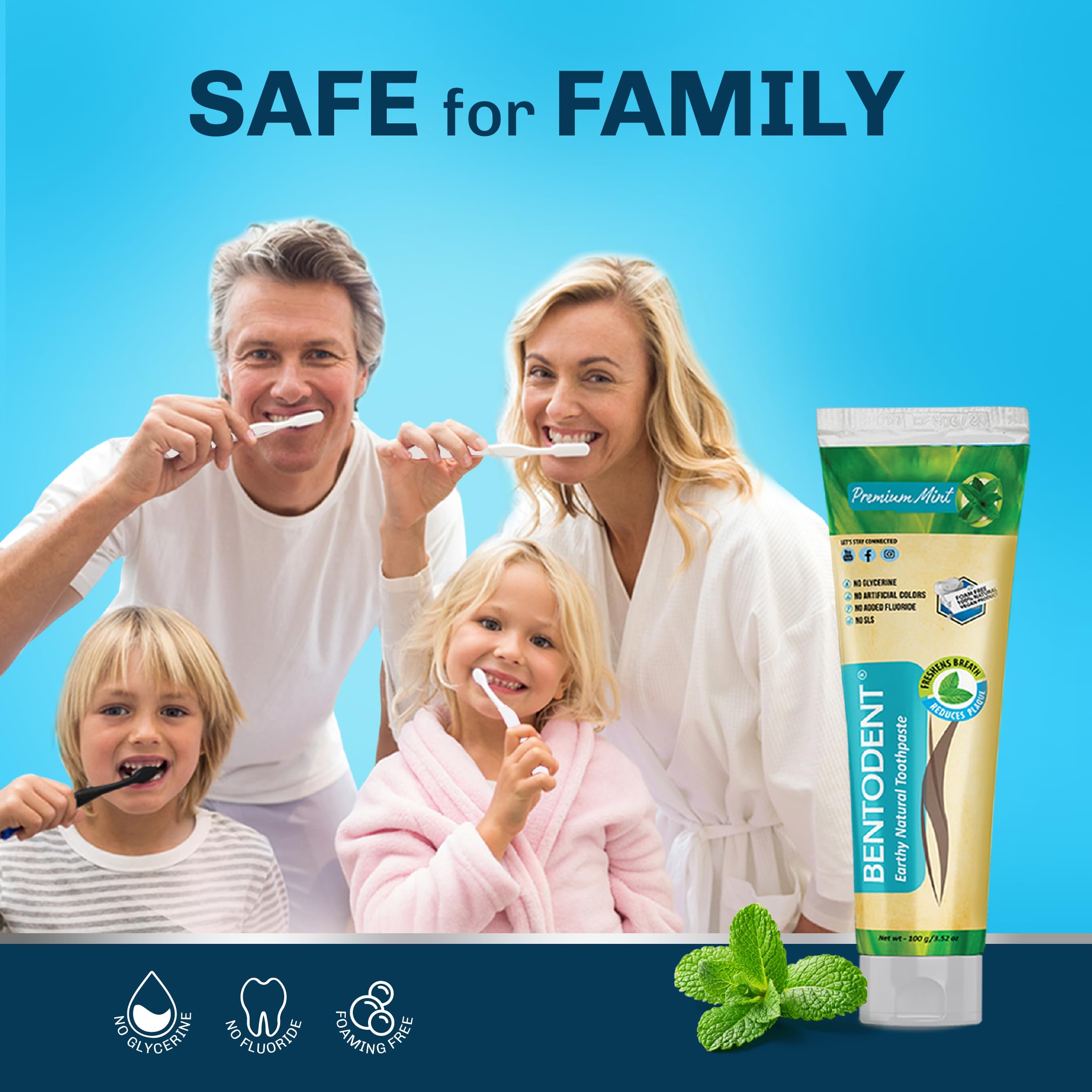 Bentodent Remineralizing Fluoride Free Toothpaste, Organic & Natural with Calcium Bentonite Clay, SLS Free, Whitening for Sensitive Teeth, Vegan (Premium Mint Combo)