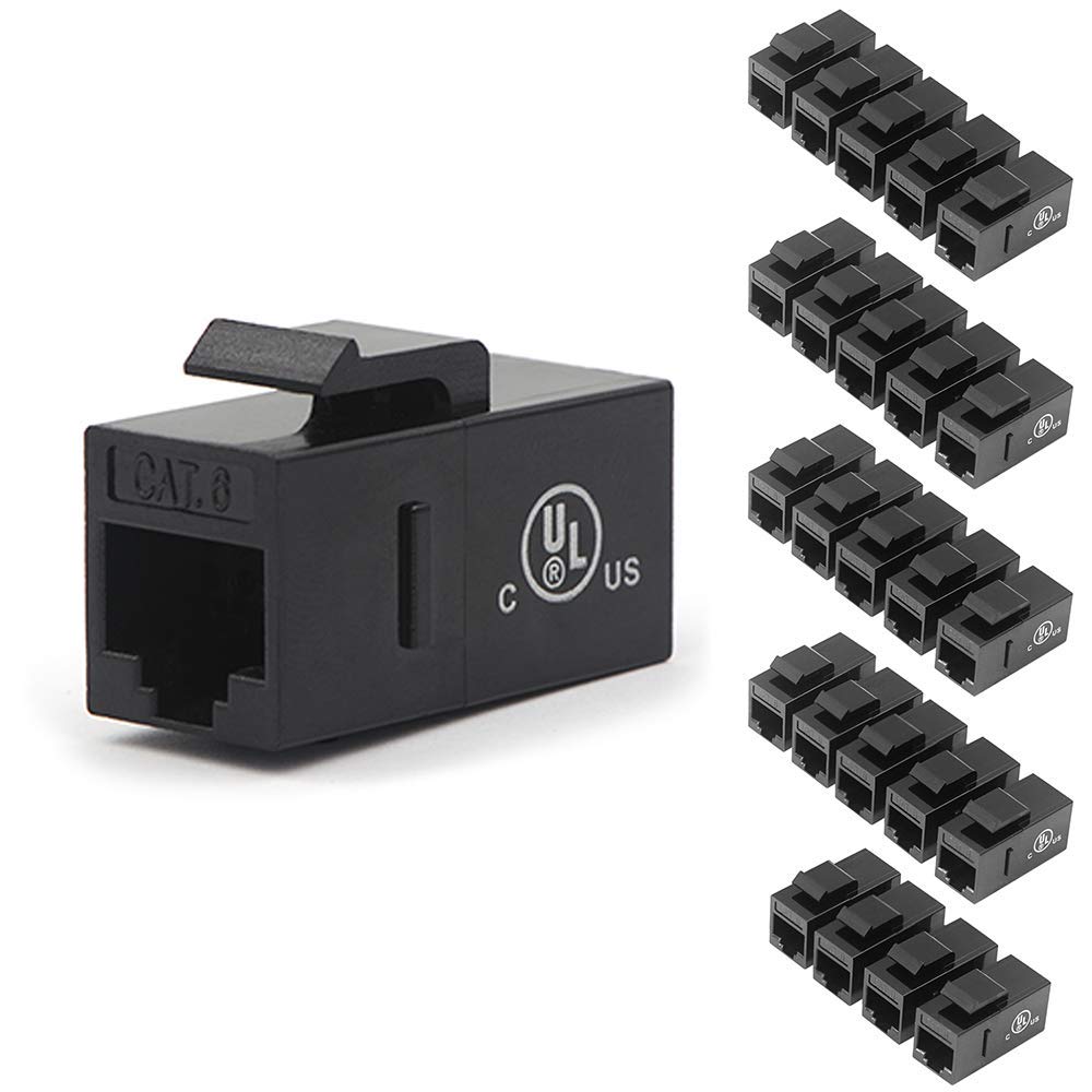 VCE UL Listed 25-Pack CAT6 RJ45 Keystone Inline Coupler-Black Bundle with 15-Pack Blue+Red+Yellow CAT6 Keystone Coupler