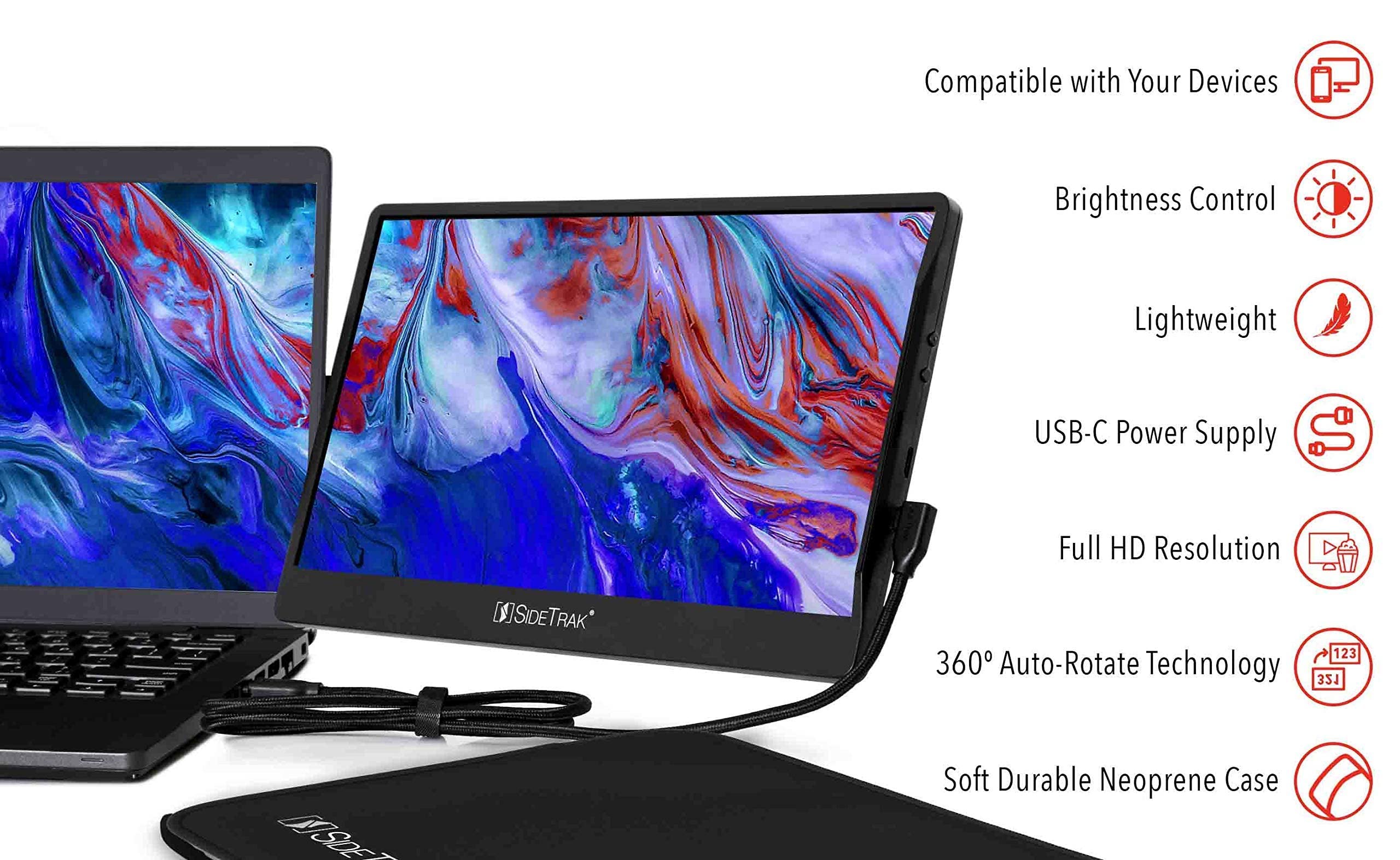SideTrak Swivel Attachable Portable Monitor for Laptop 12.5” FHD IPS Laptop Screen with 14” Protective Case | Compatible with Mac, PC, & Chrome | Fits All Laptop Sizes | Powered by USB-C or Mini HDMI