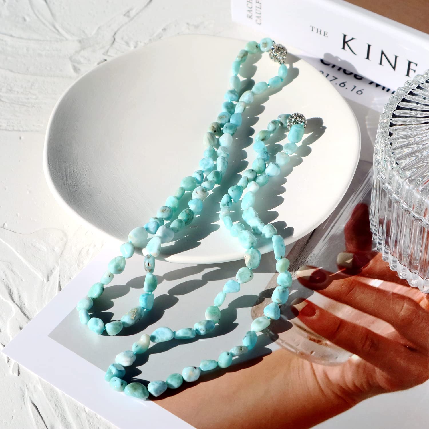 18" Natural Stone Larimar Beads Crystal Magnet Clasp Necklace