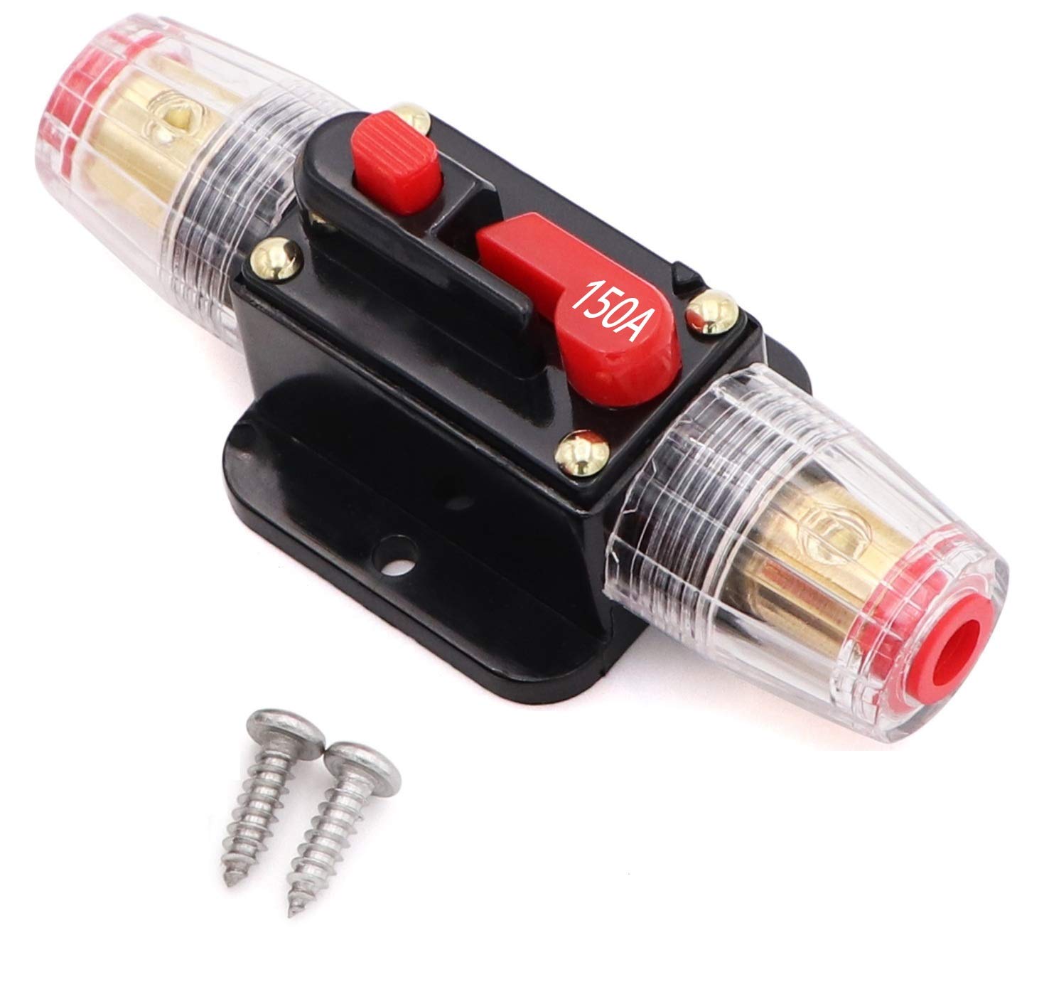 150A Audio Inline Circuit Breaker Reset Fuse Holder 12V-24V DC with Manual Reset and installation Screws for Car Audio, Stereo Switch and Solar Inverter System